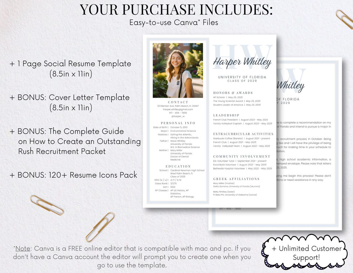 Editable Blue Sorority Resume Template, Cute Canva Design With Photo ...