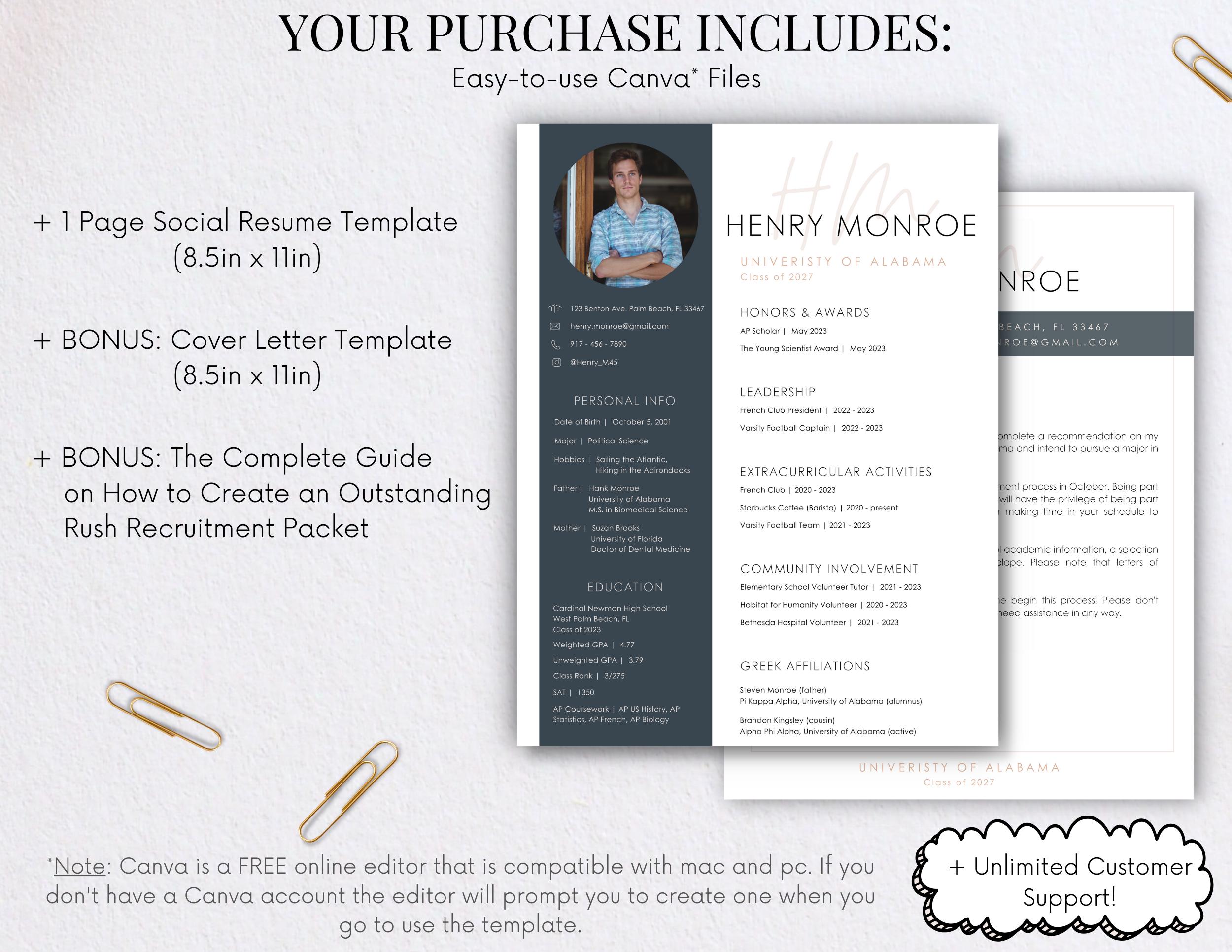 Fraternity Resume Template With Photo; Social Resume Template and Cover ...