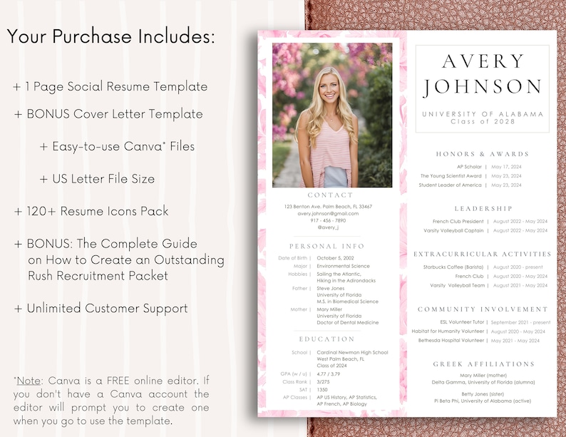 Sorority Rush Resume Template, Customizable PNM Recruitment CV for ...