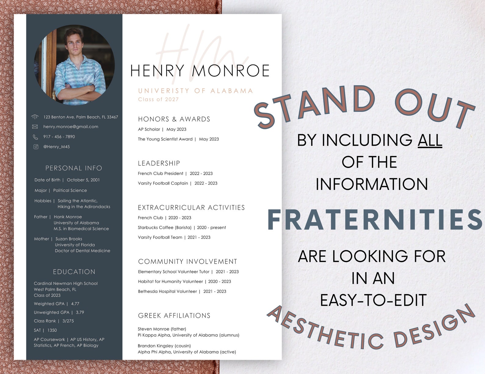 Fraternity Resume Template With Photo; Social Resume Template and Cover ...
