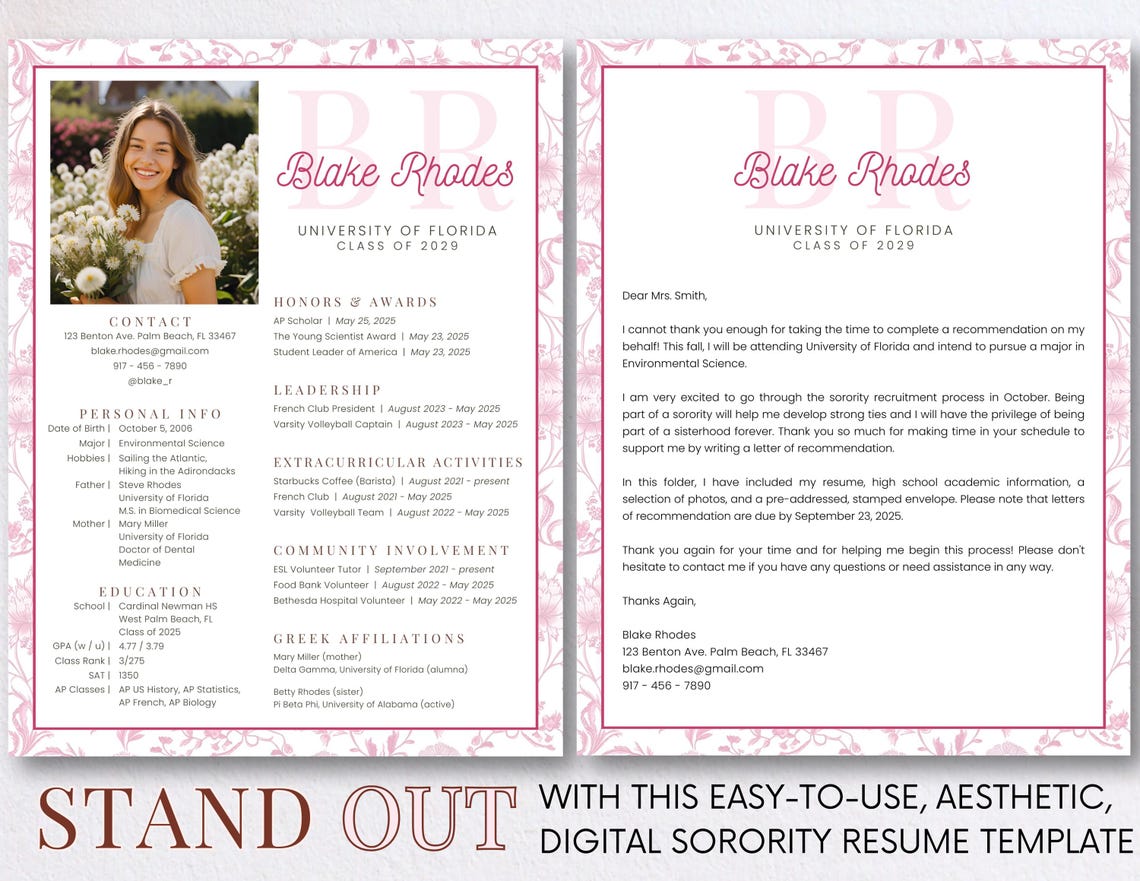 Editable Pink Floral Chinoiserie Sorority Resume Template, Sorority ...