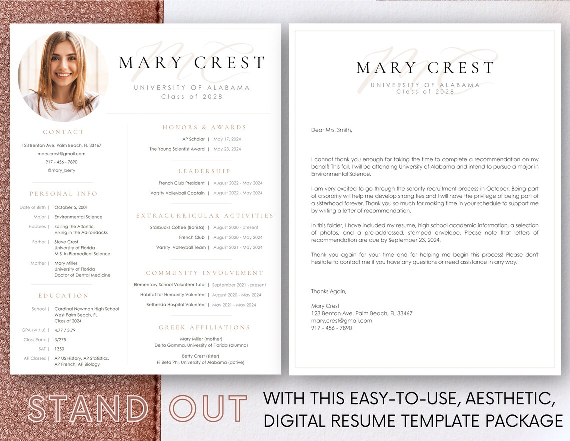 Sorority Resume Template With Photo; Rush Resume Template and Cover ...