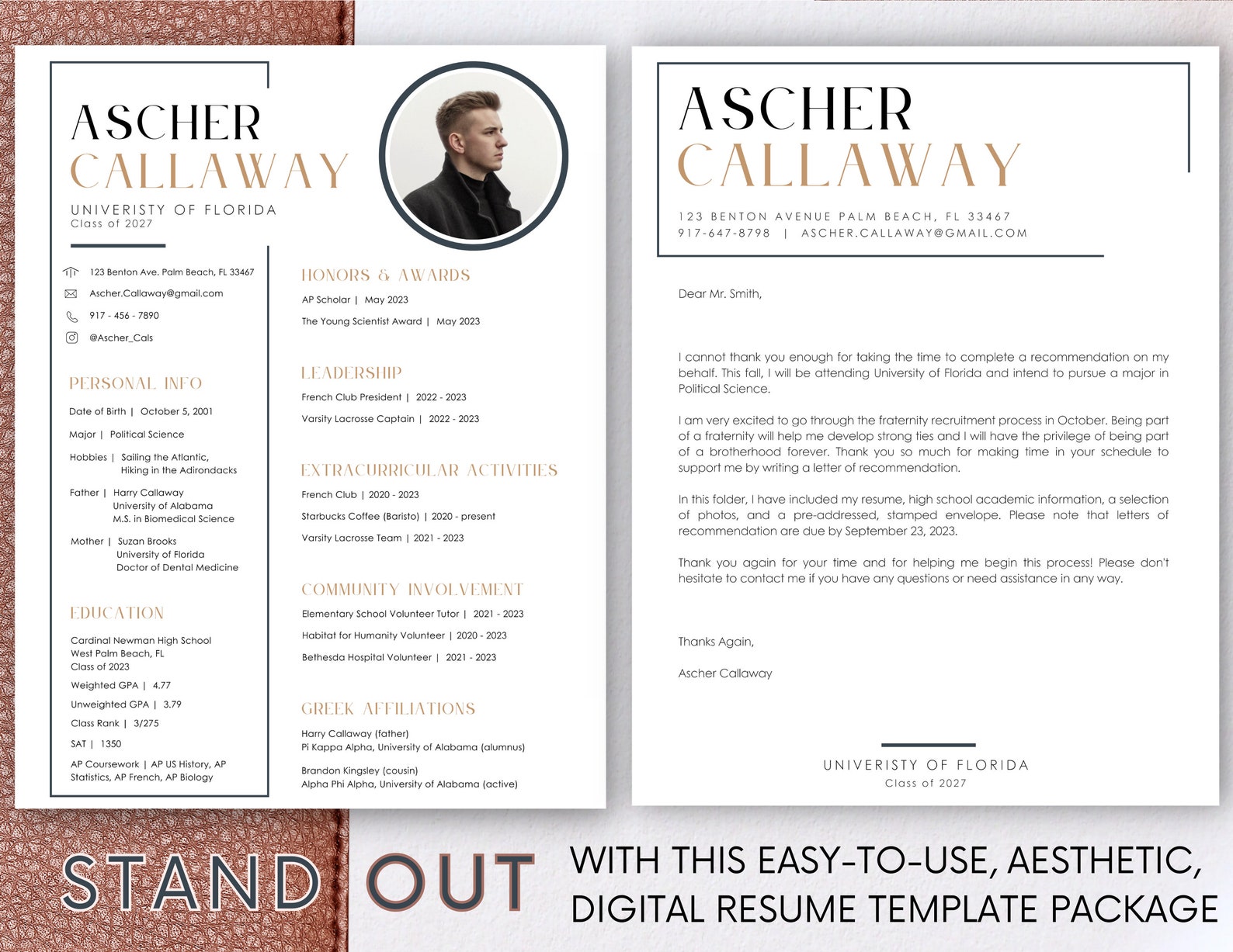 Fraternity Resume Template With Photo; Social Resume Template and Cover ...
