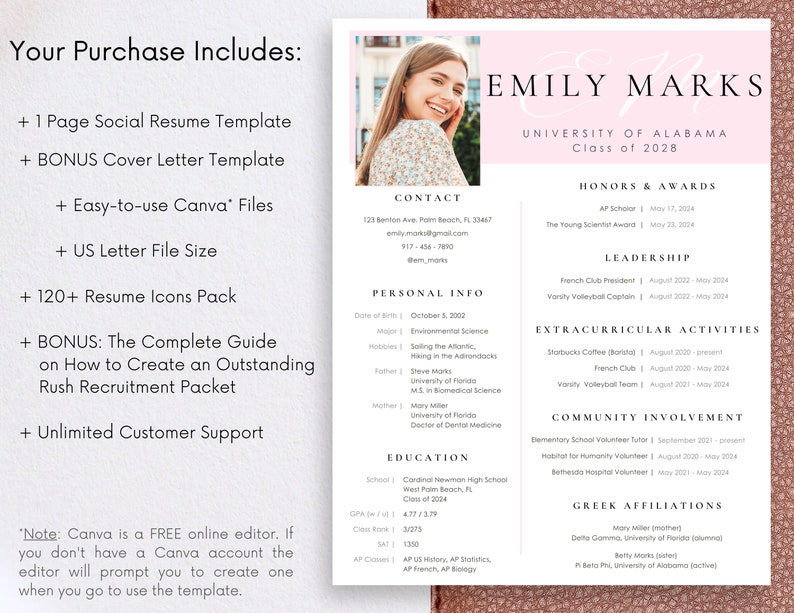 Sorority Resume Template With Photo Rush Resume Template and Cover ...