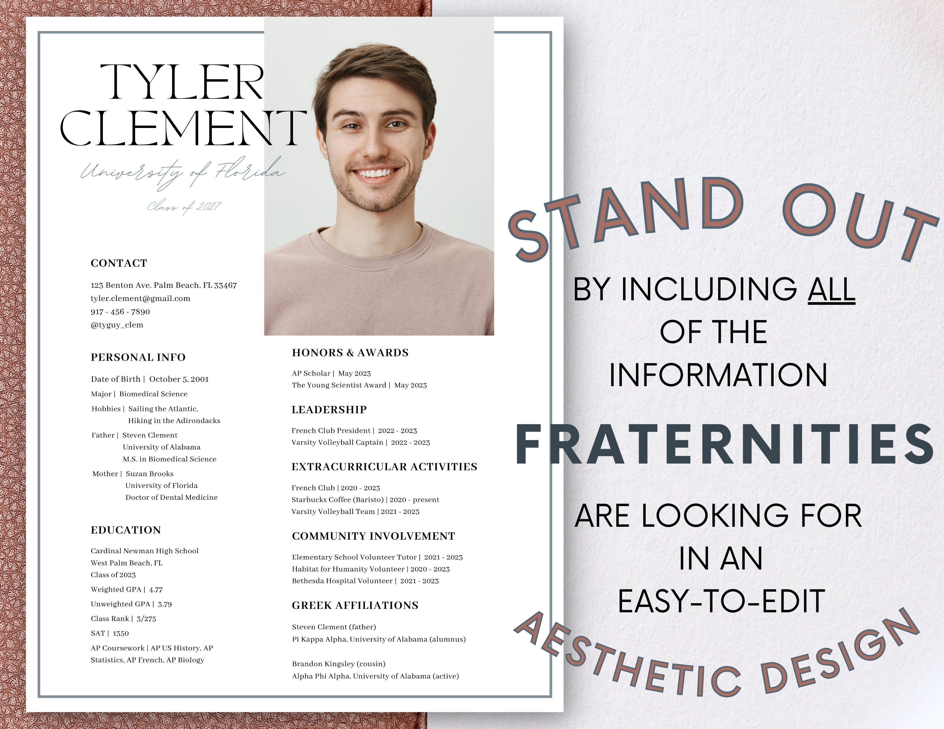 Fraternity Resume Template With Photo; Social Resume Template and Cover ...