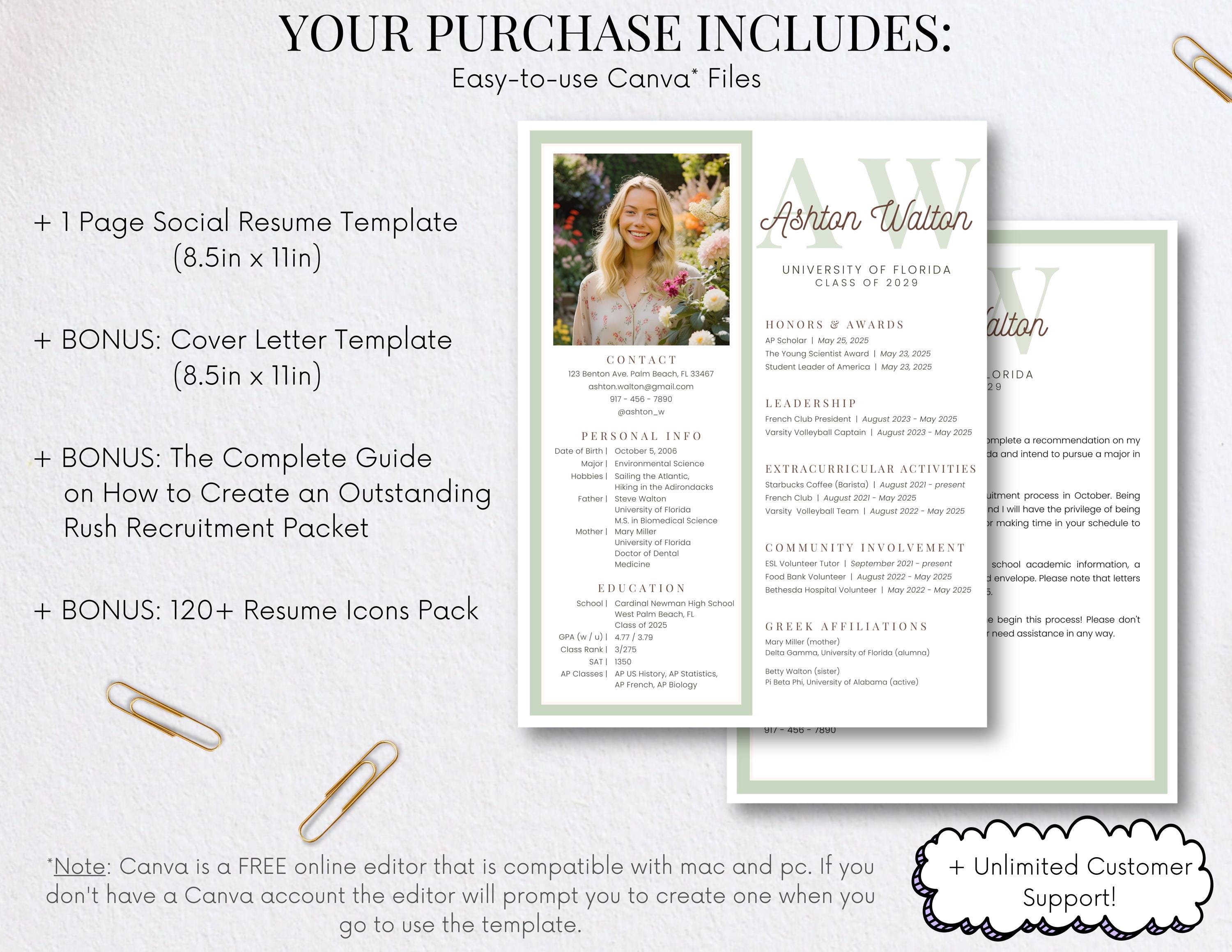 Editable Sage Green Sorority Resume Template, Canva Design With Photo ...