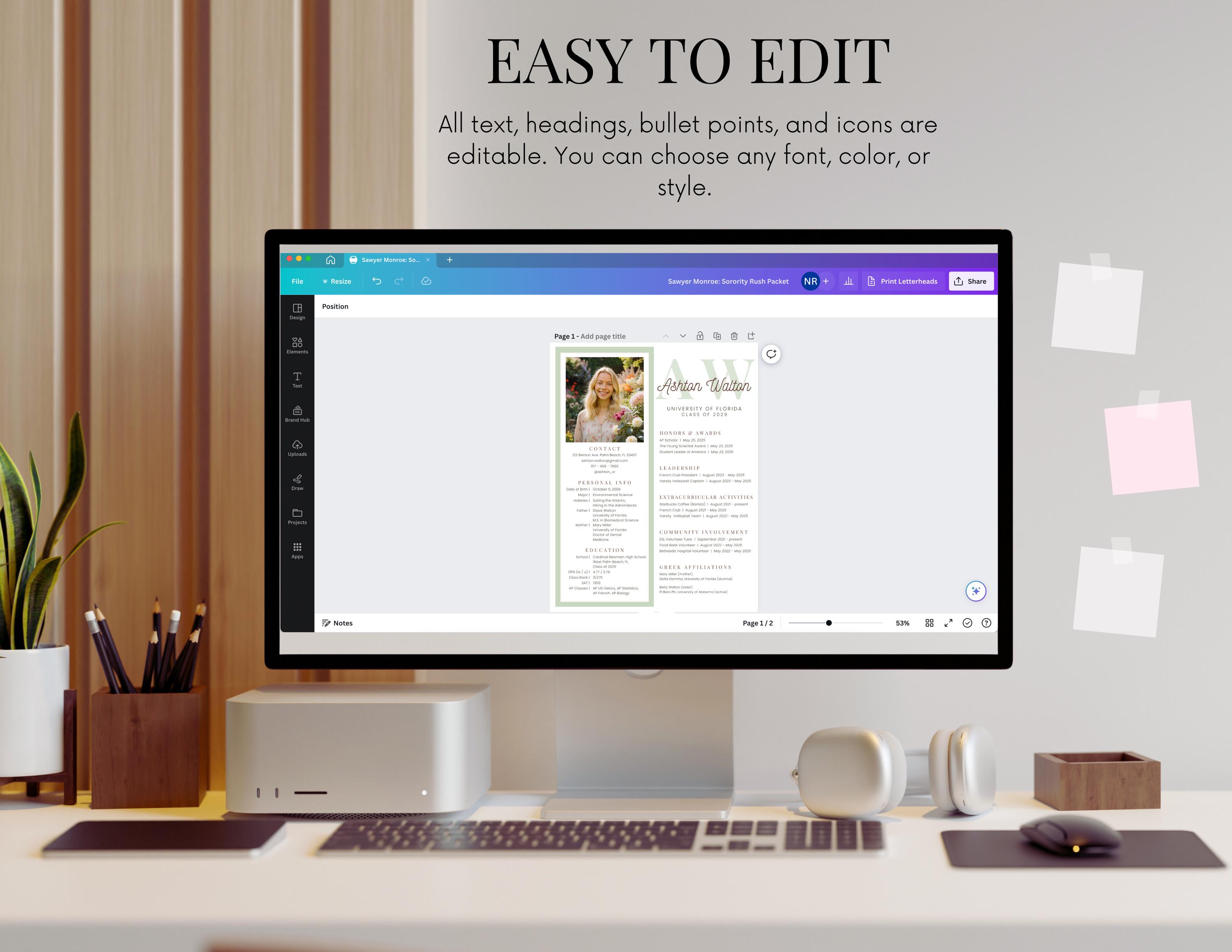 Editable Sage Green Sorority Resume Template, Canva Design With Photo ...