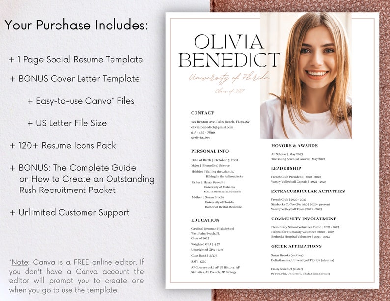 Sorority Resume Template With Photo; Rush Resume Template and Cover ...