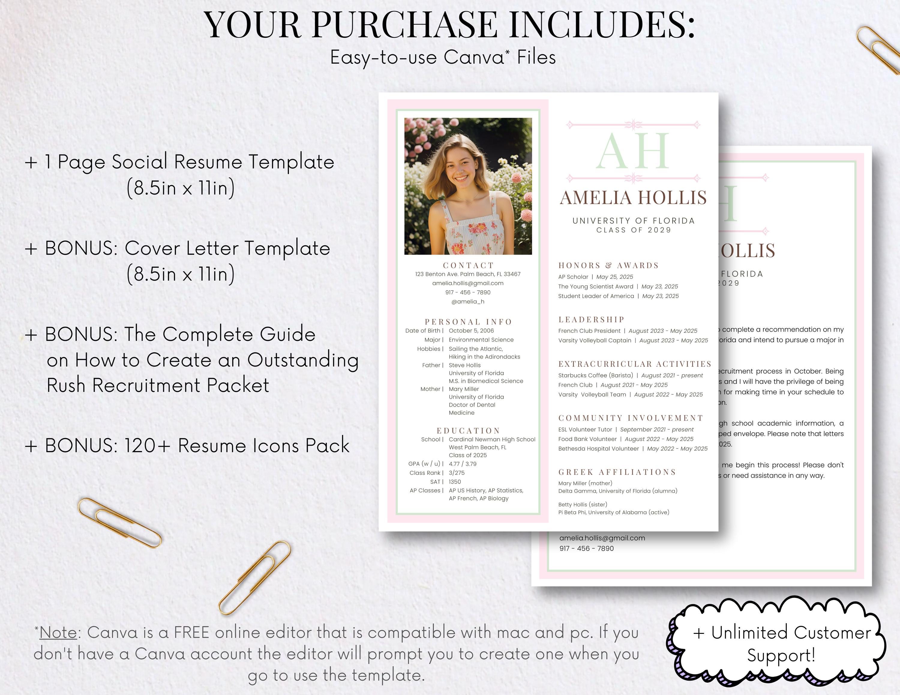 Editable Preppy Pink Green Sorority Resume Template, Canva Design With ...