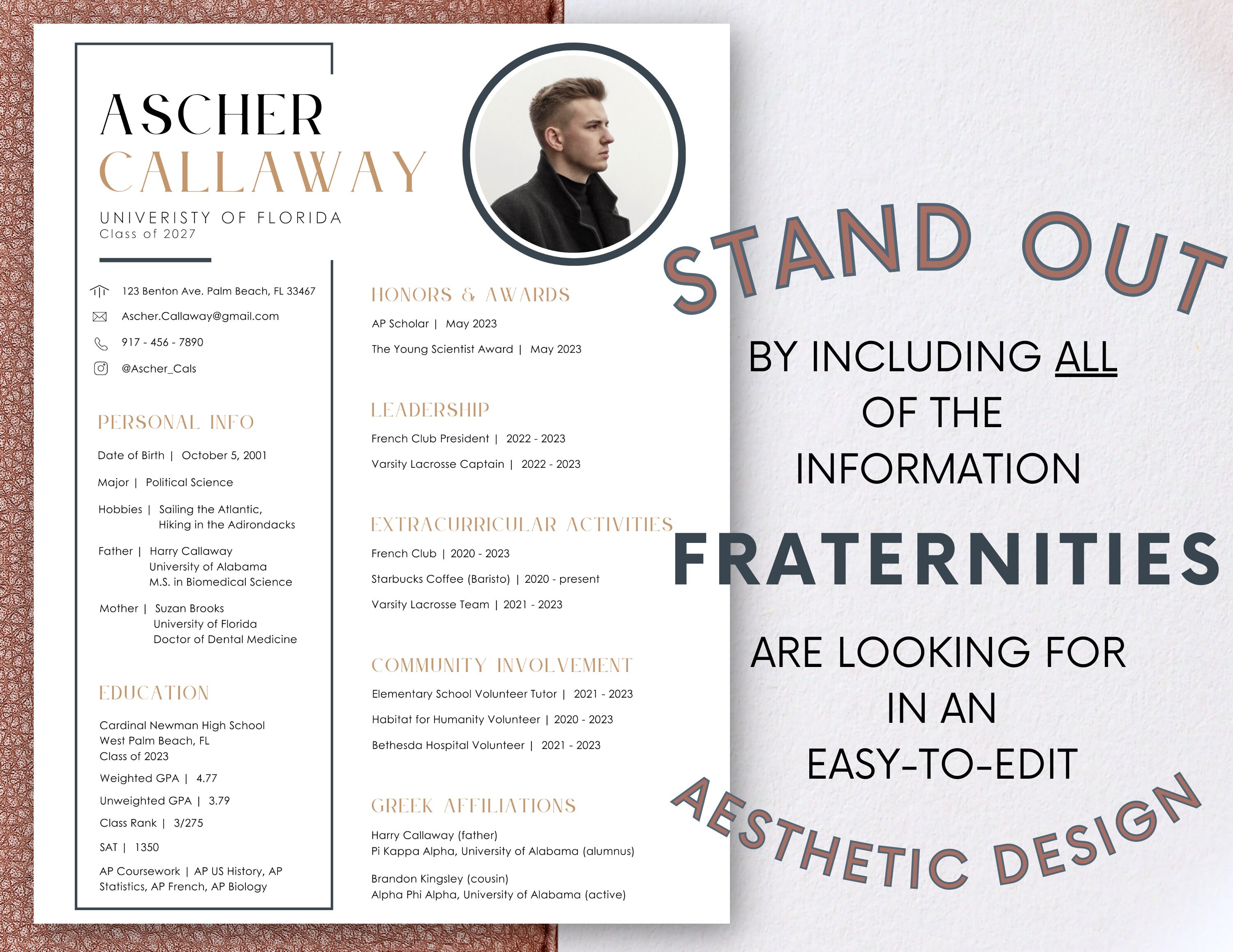 Fraternity Resume Template With Photo; Social Resume Template and Cover ...