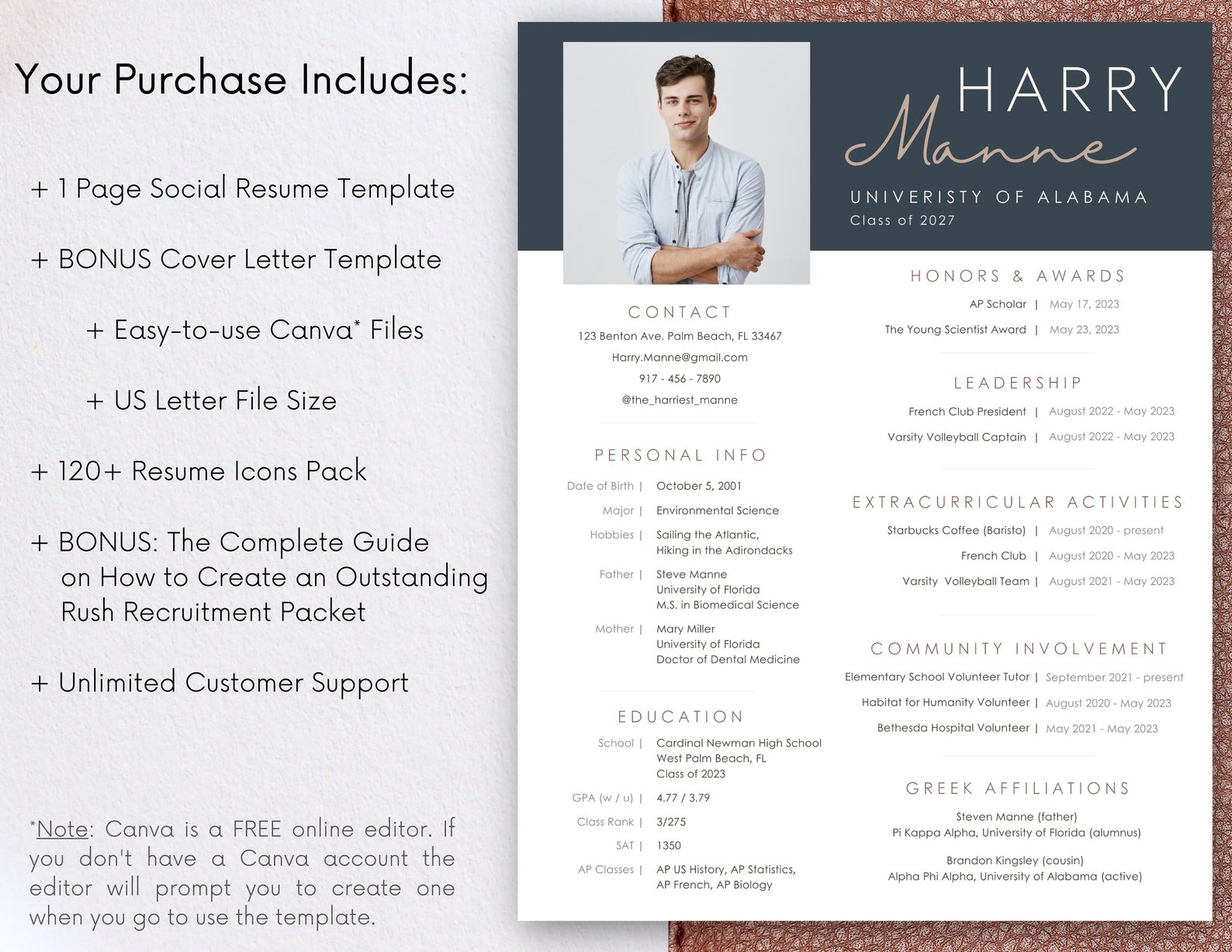 Fraternity Photo Resume Template; Social Resume Template and Cover ...