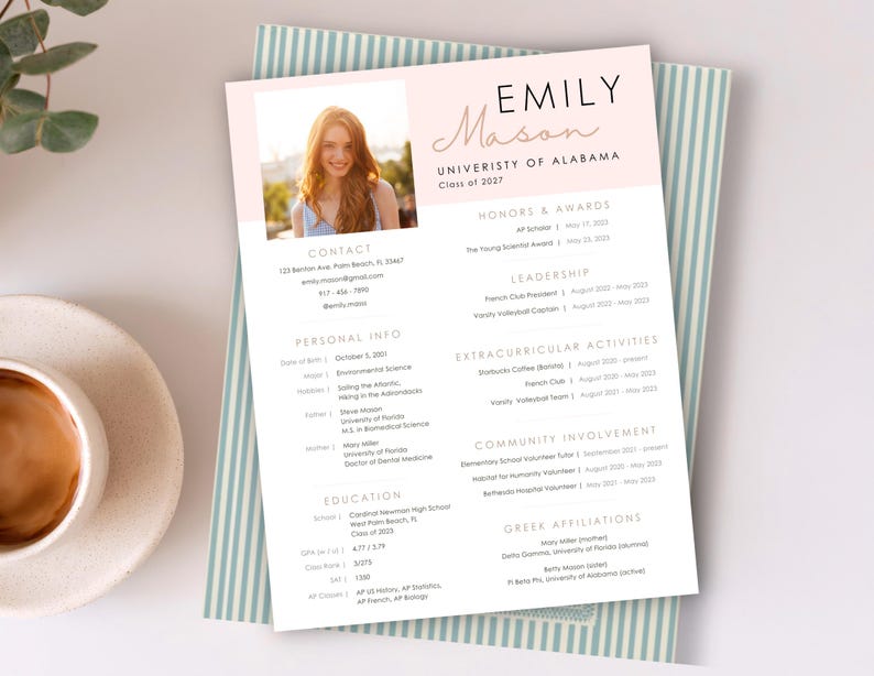 Sorority Rush Resume Template With Photo and Cover Letter; Cute Modern ...