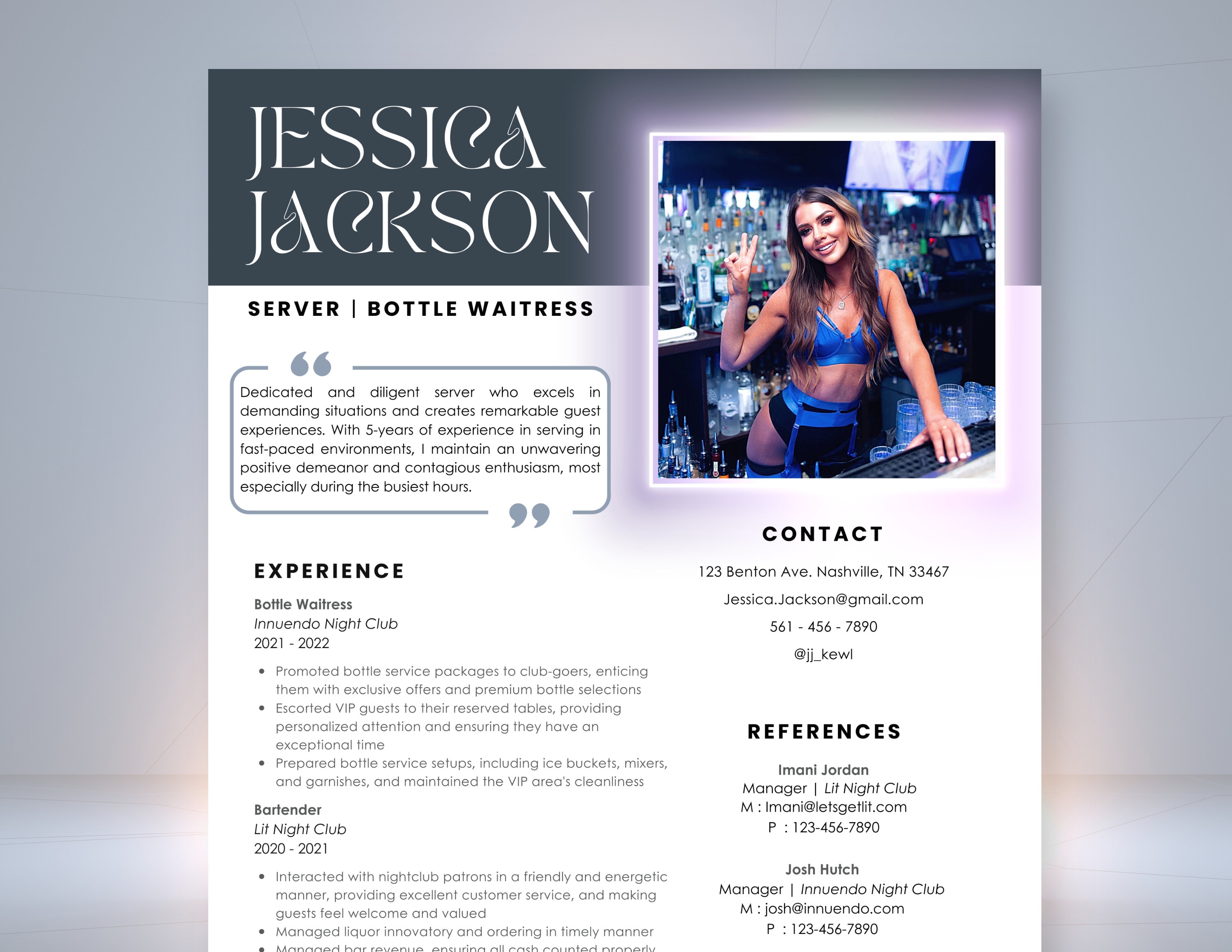 Customizable Bottle Girl, Waitress, Bartender Resume Template With ...