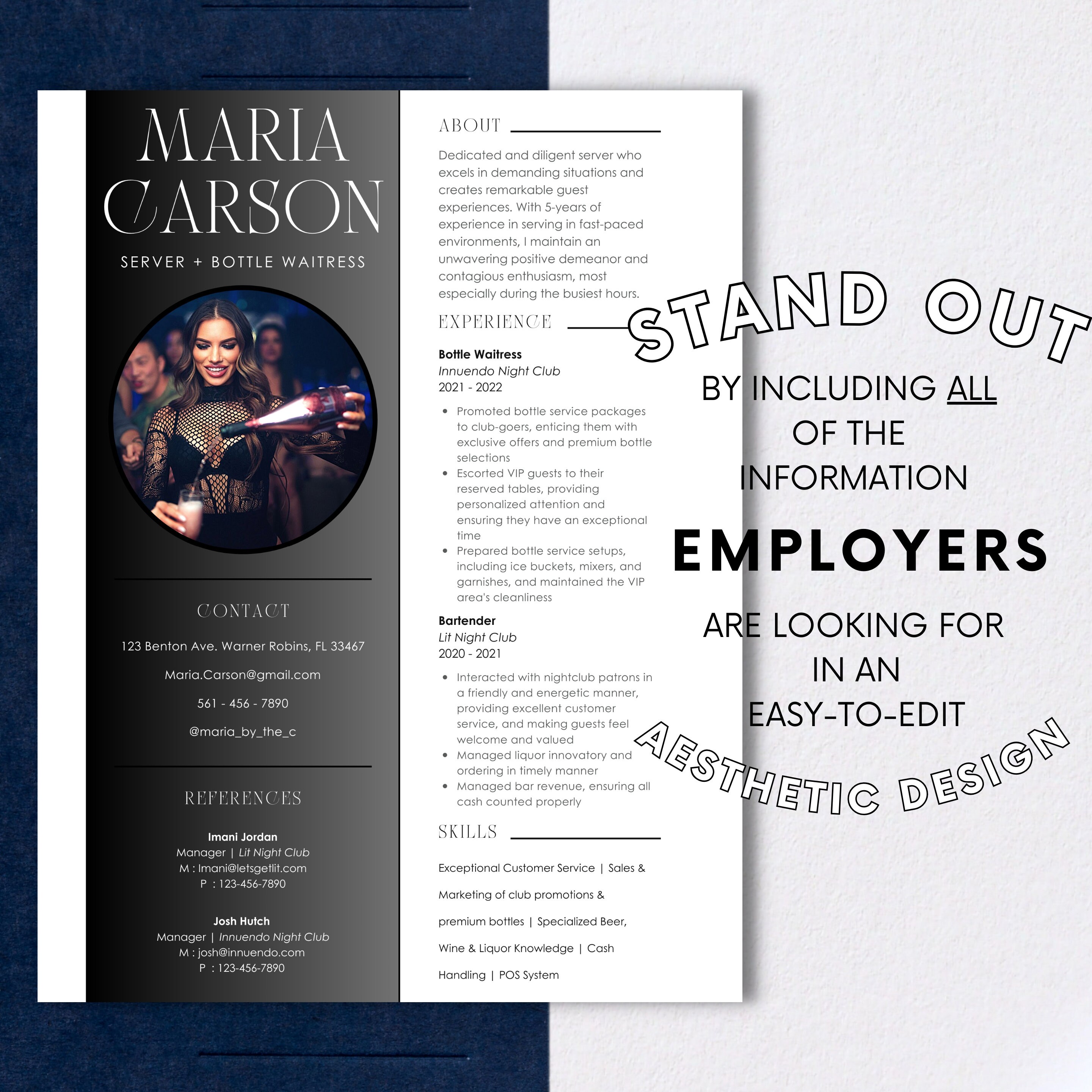Customizable Bottle Girl, Waitress, Bartender Resume Template With ...