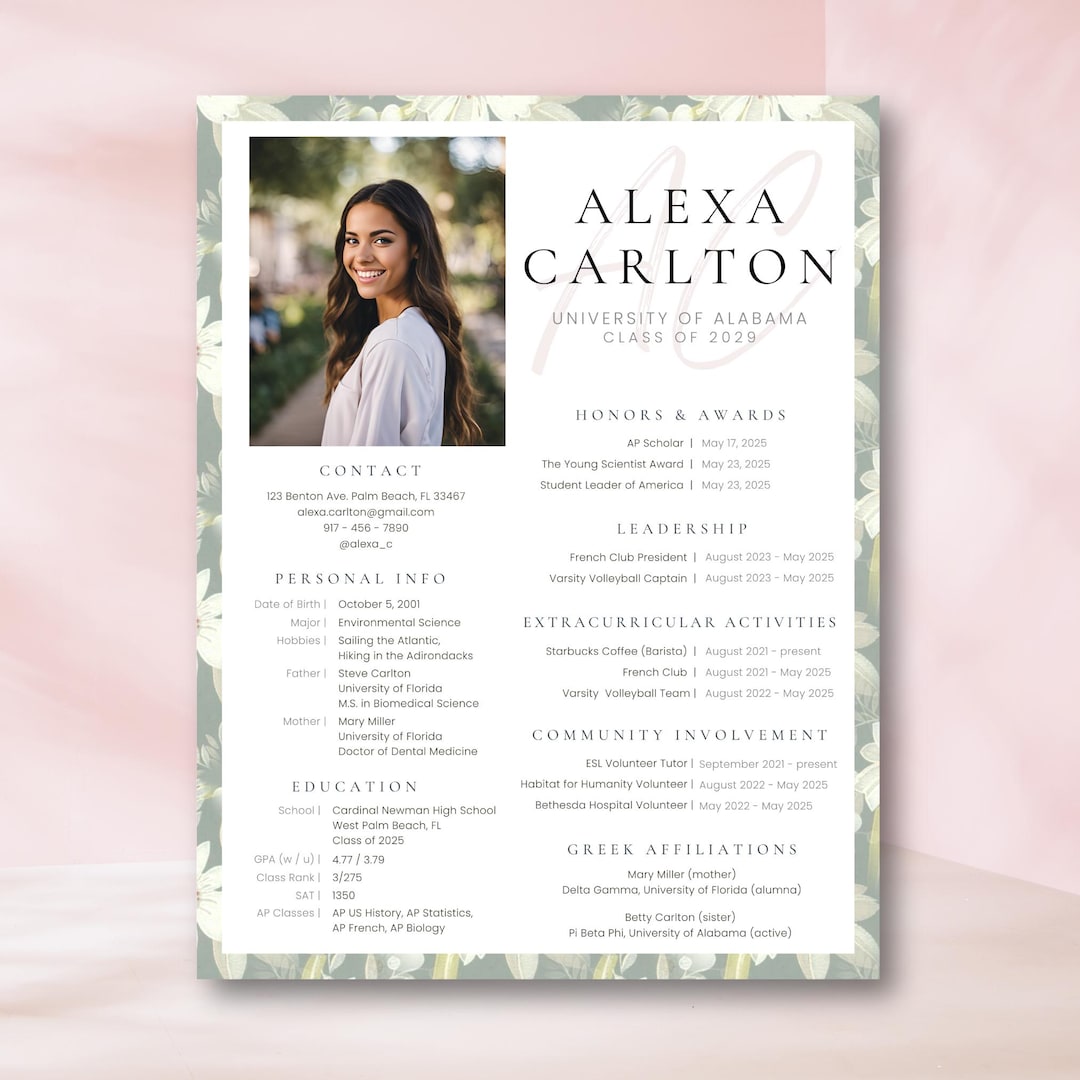 Green Floral Sorority Resume Template With Photo; Aesthetic Rush Resume ...