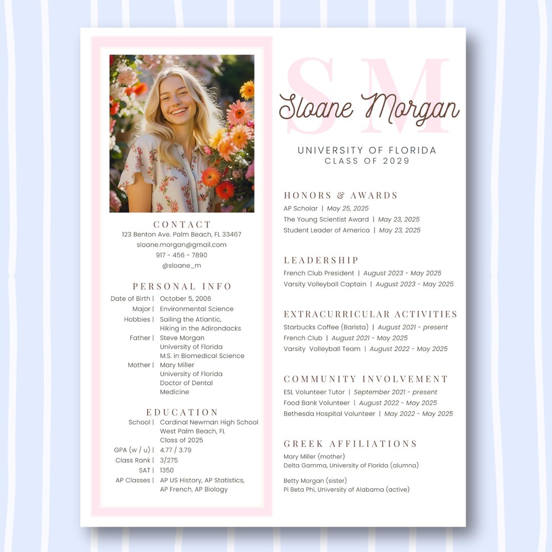 Editable Pink Sorority Resume Template, Canva Design With Photo ...