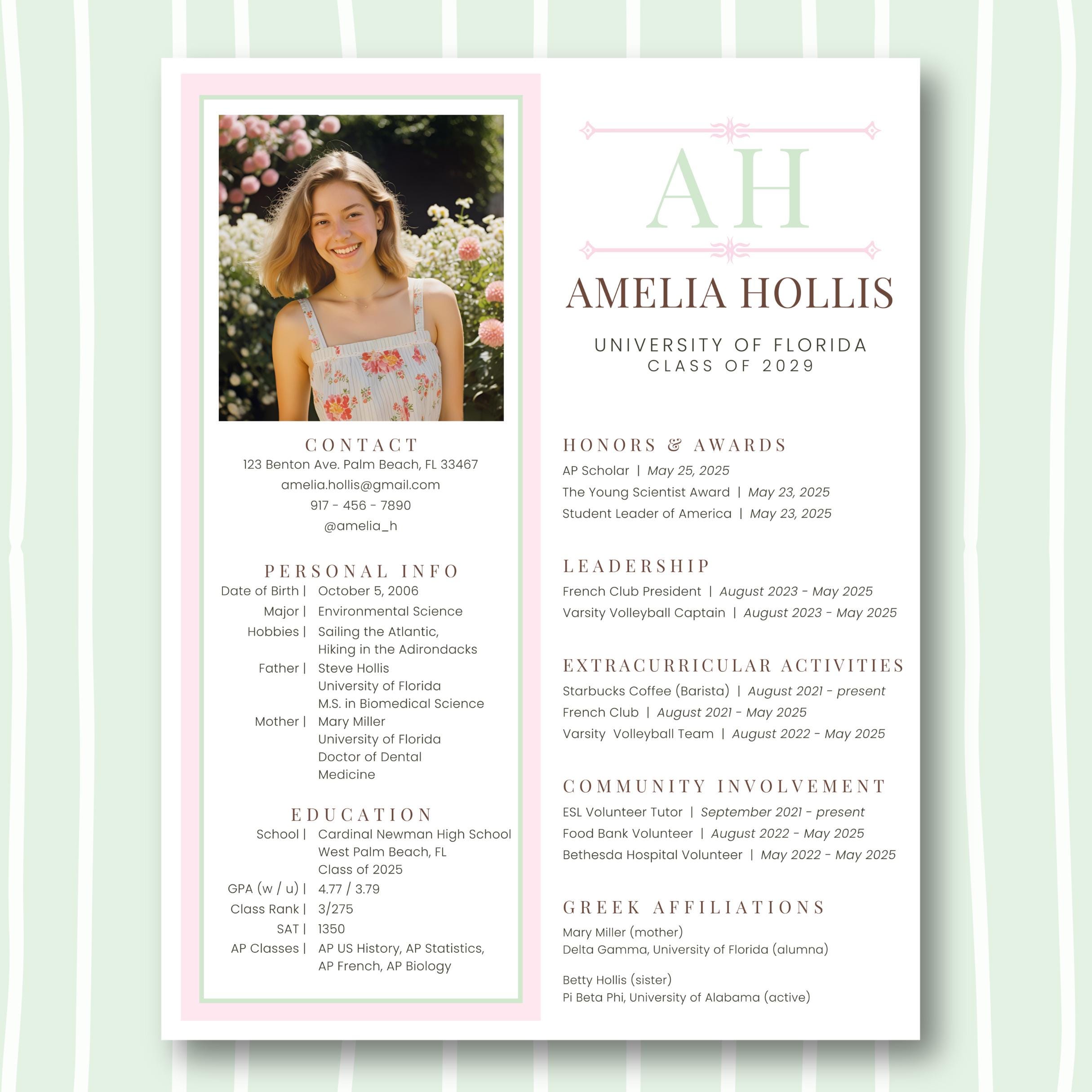 Editable Preppy Pink Green Sorority Resume Template, Canva Design With ...