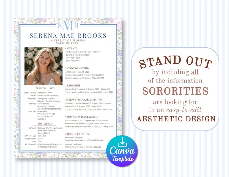 Preppy Floral Monogram Sorority Resume Template With Photo, Recruitment ...