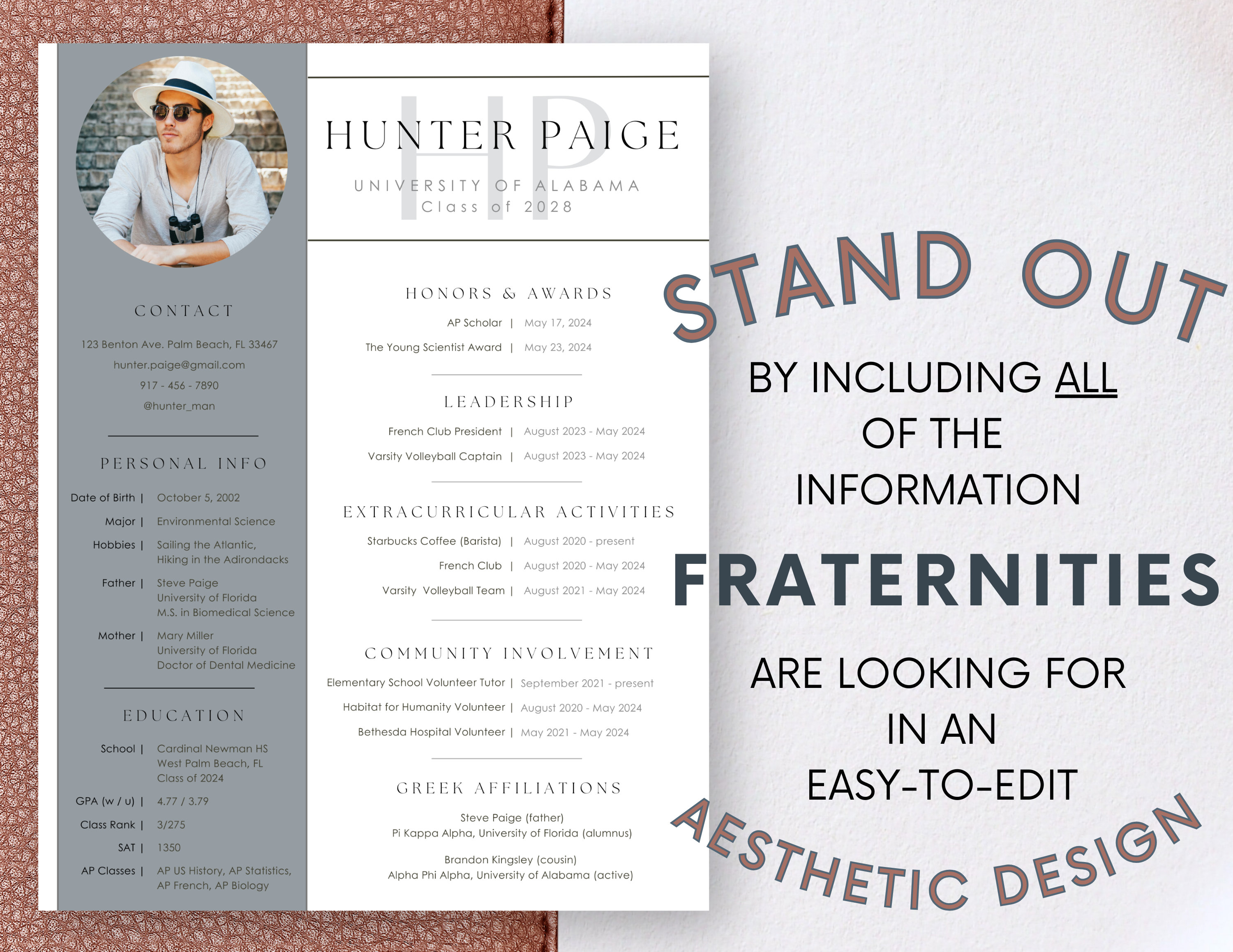 Fraternity Resume Template With Photo; Social Resume Template and Cover ...