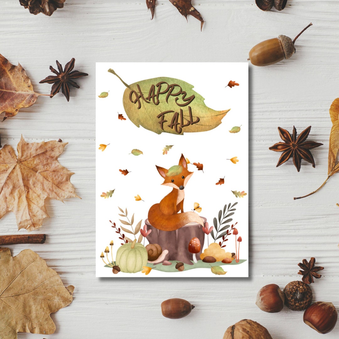 Woodland Happy Fall Card, Autumn Fox Card, Falling Leaves Thinking of ...