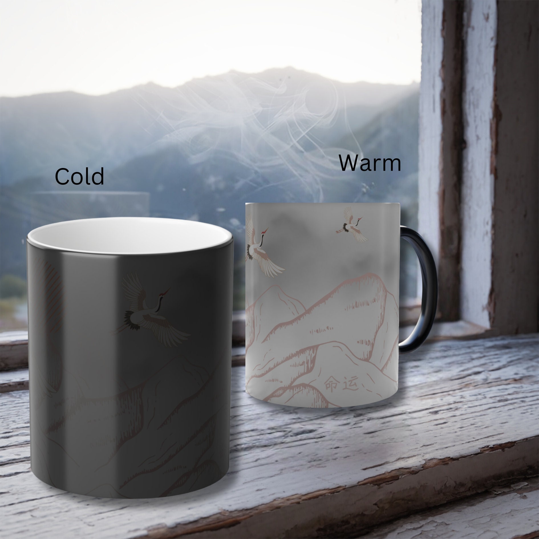 Beautiful Japanese Crane Color Changing Mug, Rising Sun Coffee Tea Gift ...