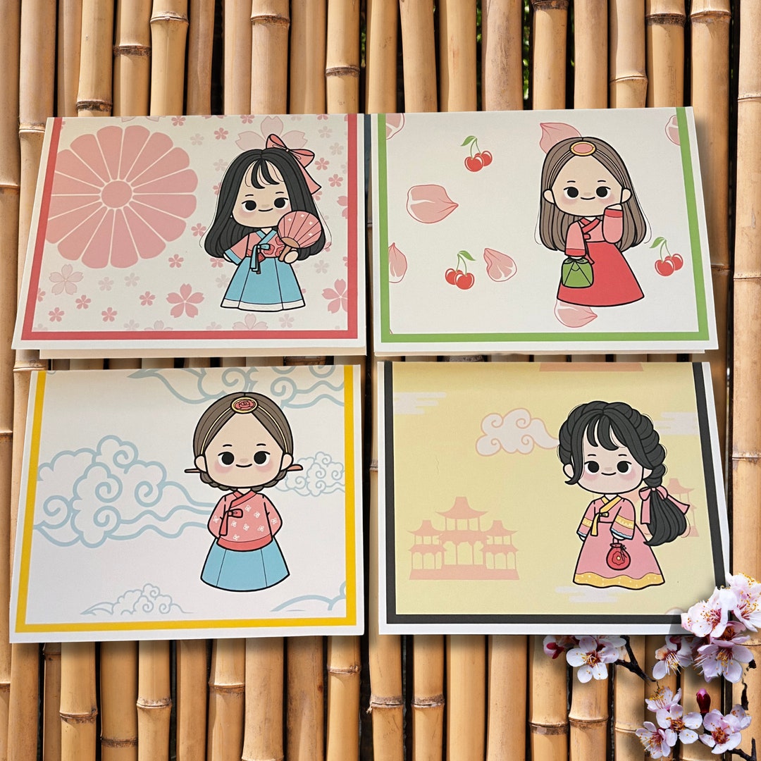 Adorable Korean Hanbok Girl Notecard Set, Any Occasion Cards, Thinking ...
