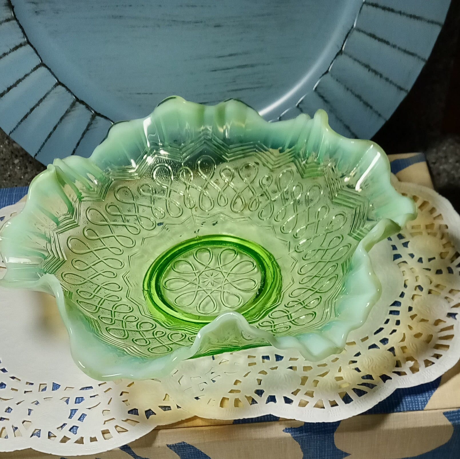 Antique Green Opalescent Glass Bowl or Candy Dish in Many Loops Pattern ...