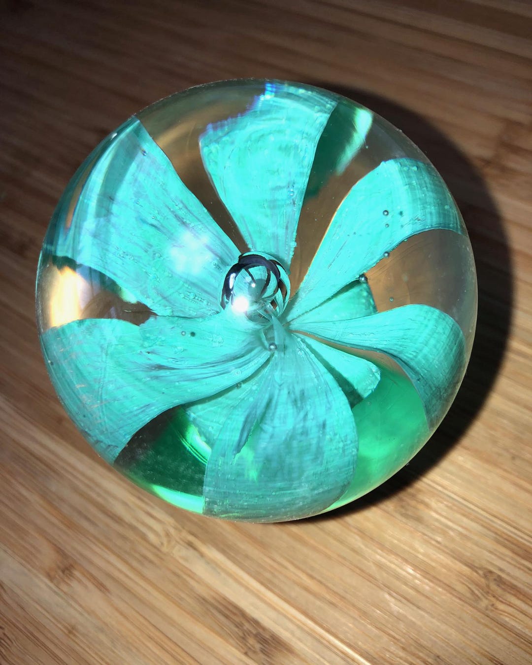 Handblown Art Glass Paperweight – A Floating Aqua Blossom Encased in ...