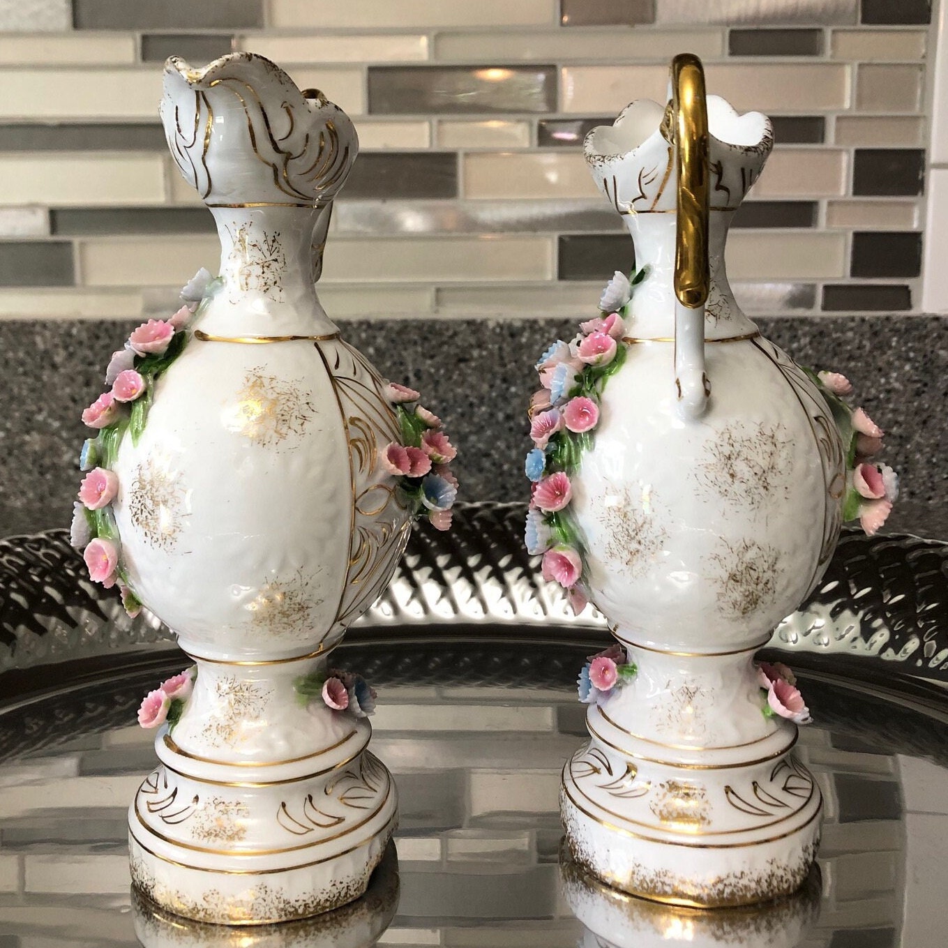 Lefton Pitcher Bud Vases Hand Painted With 3D Flowers - Etsy