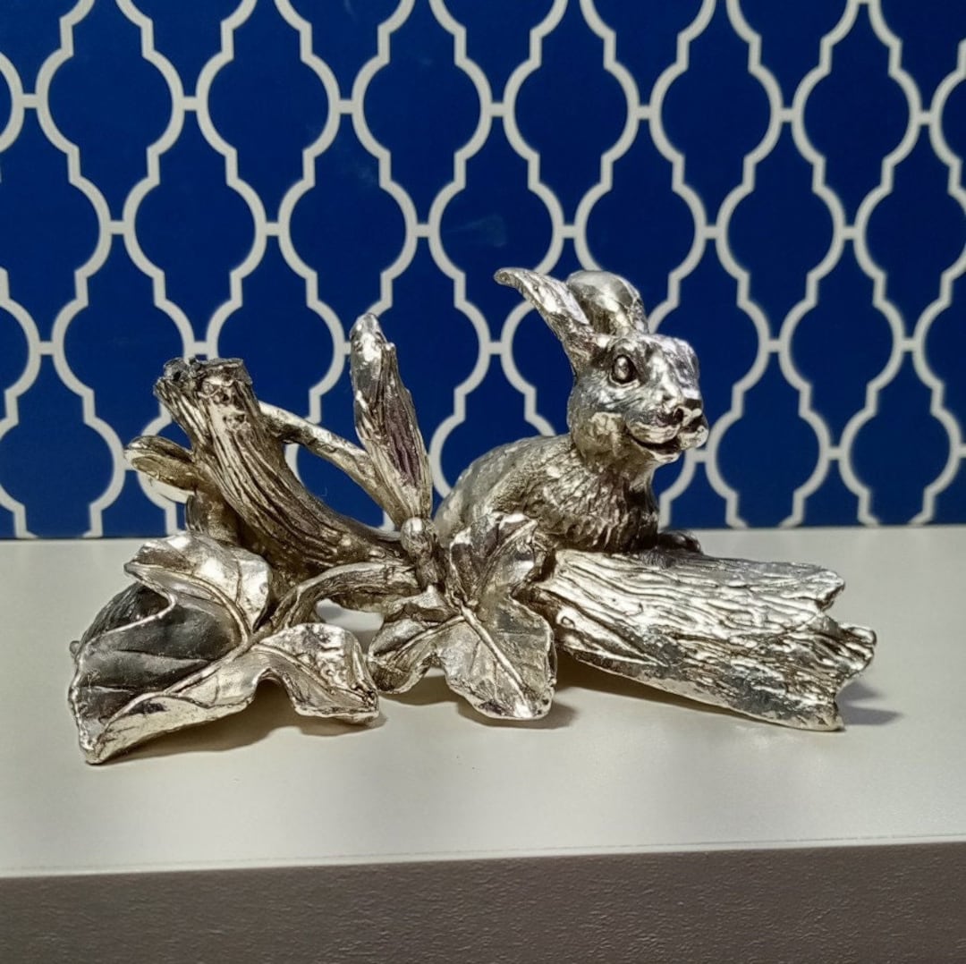 Bunny Rabbit Paperweight, Pewter Color Animal Figurine, Shiny Silver ...