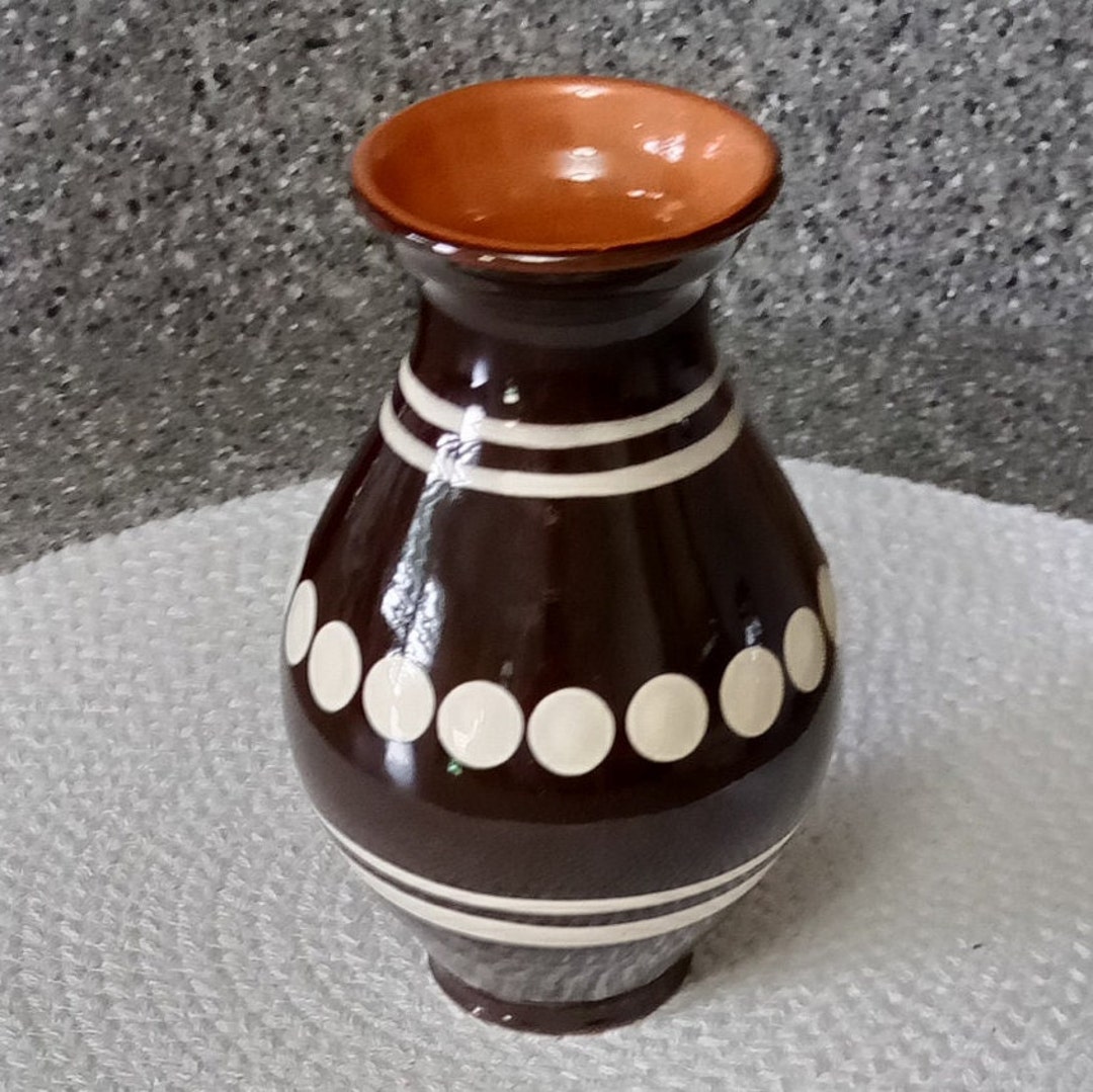 Folk Art Redware Vase With White Slipware Decoration by KLM Keramika ...