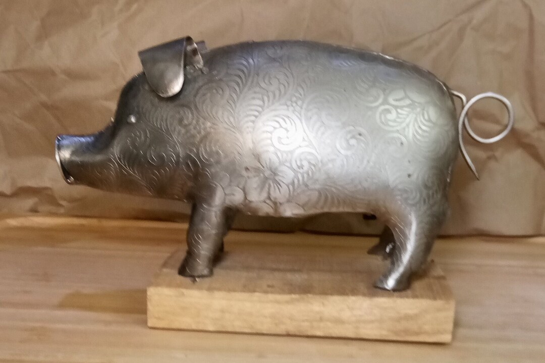 Handcrafted Soldered and Incised Metal Pig Coin Bank on Wooden Display ...