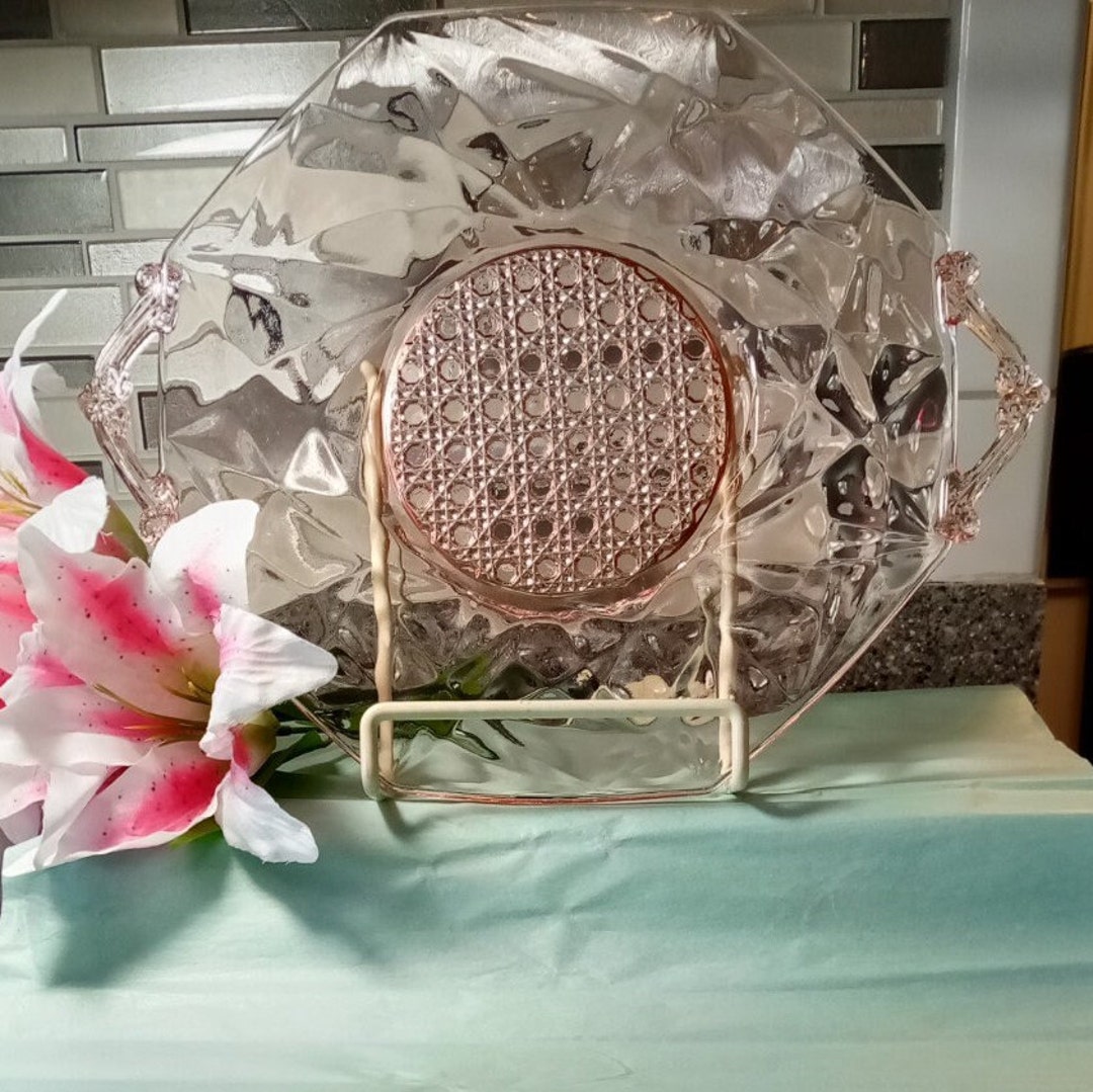 Pink Antique Glass Octagonal Cake Plate or Serving Platter With Handles ...
