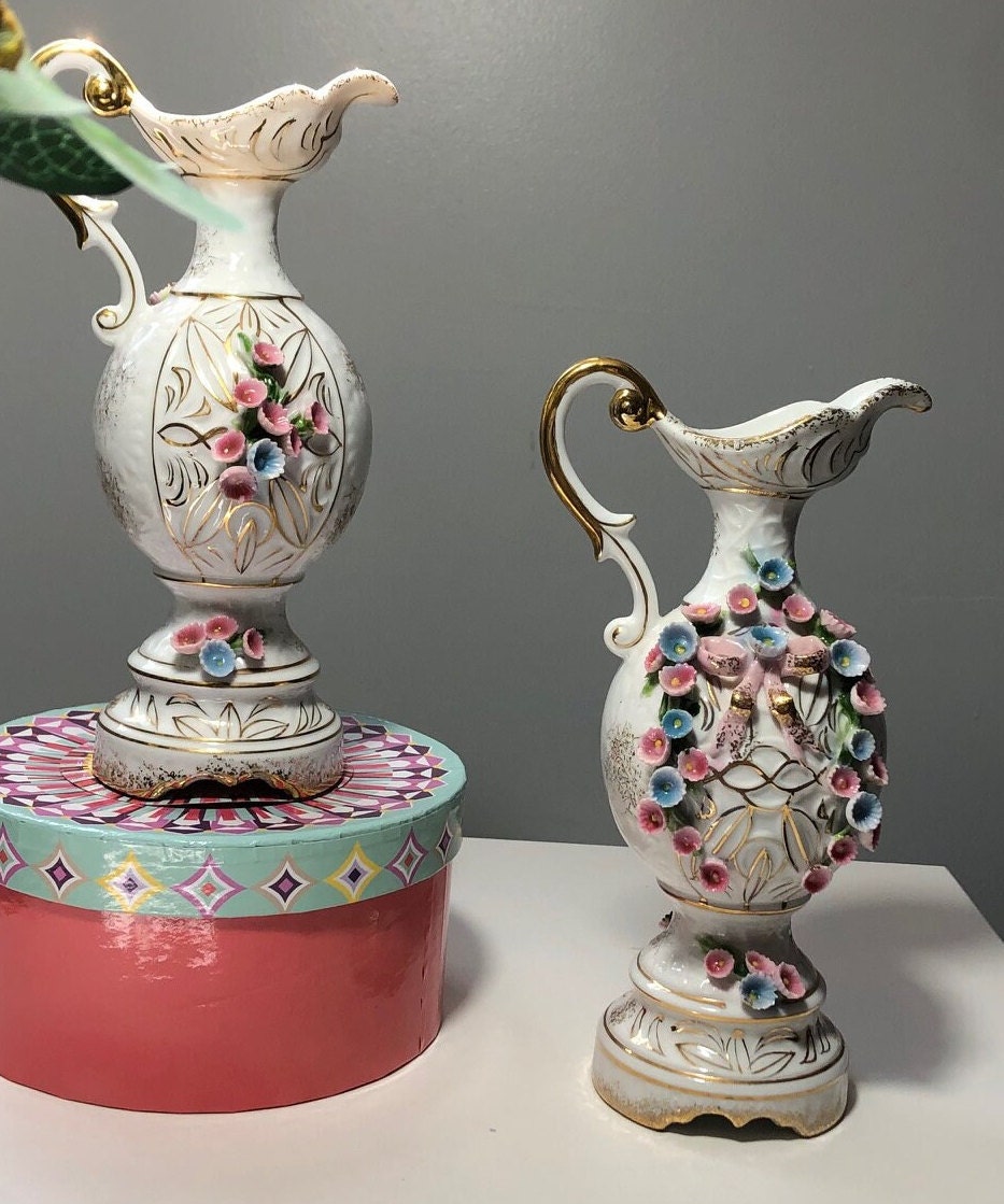 Lefton Pitcher Bud Vases Hand Painted With 3D Flowers - Etsy