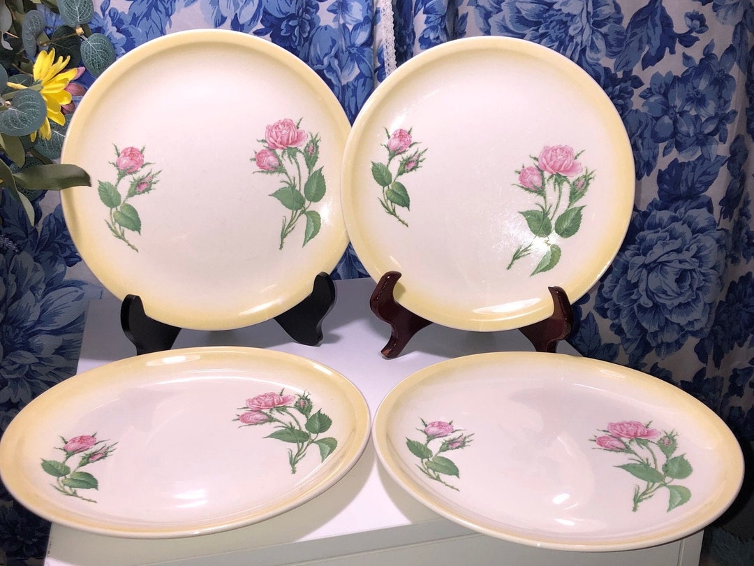 Pink Rose With Yellow Border Plates (9.25"), Set of 4 Plates in Pattern ...