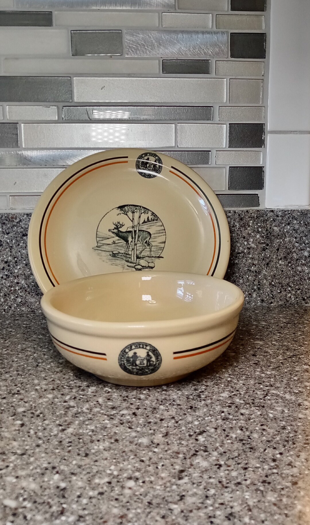 West Virginia State Seal Plate & Bowl Set With Deer Design, Roloc ...