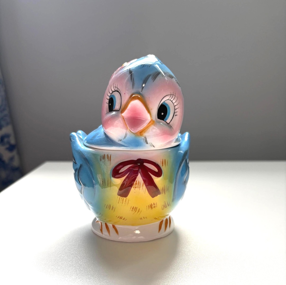 Vintage Lefton Bluebird Sugar Bowl: Anthropomorphic Kitsch Ceramic Jar ...