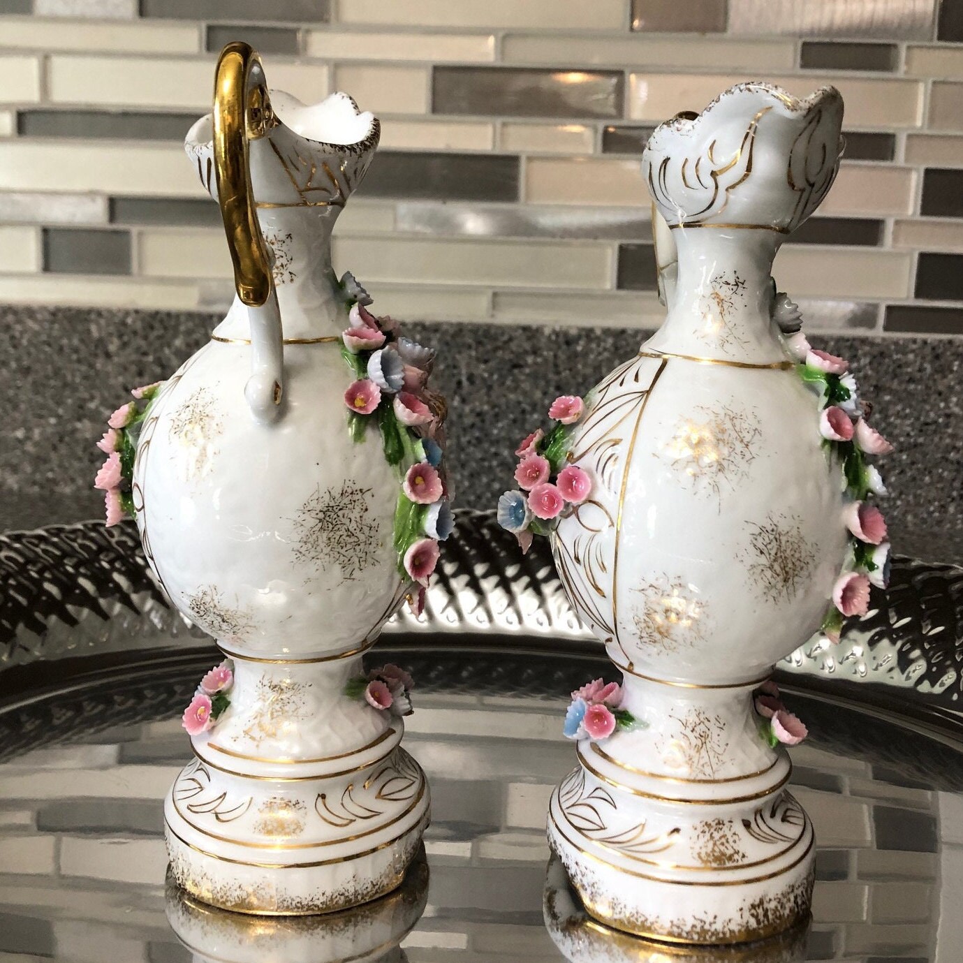 Lefton Pitcher Bud Vases Hand Painted With 3D Flowers - Etsy