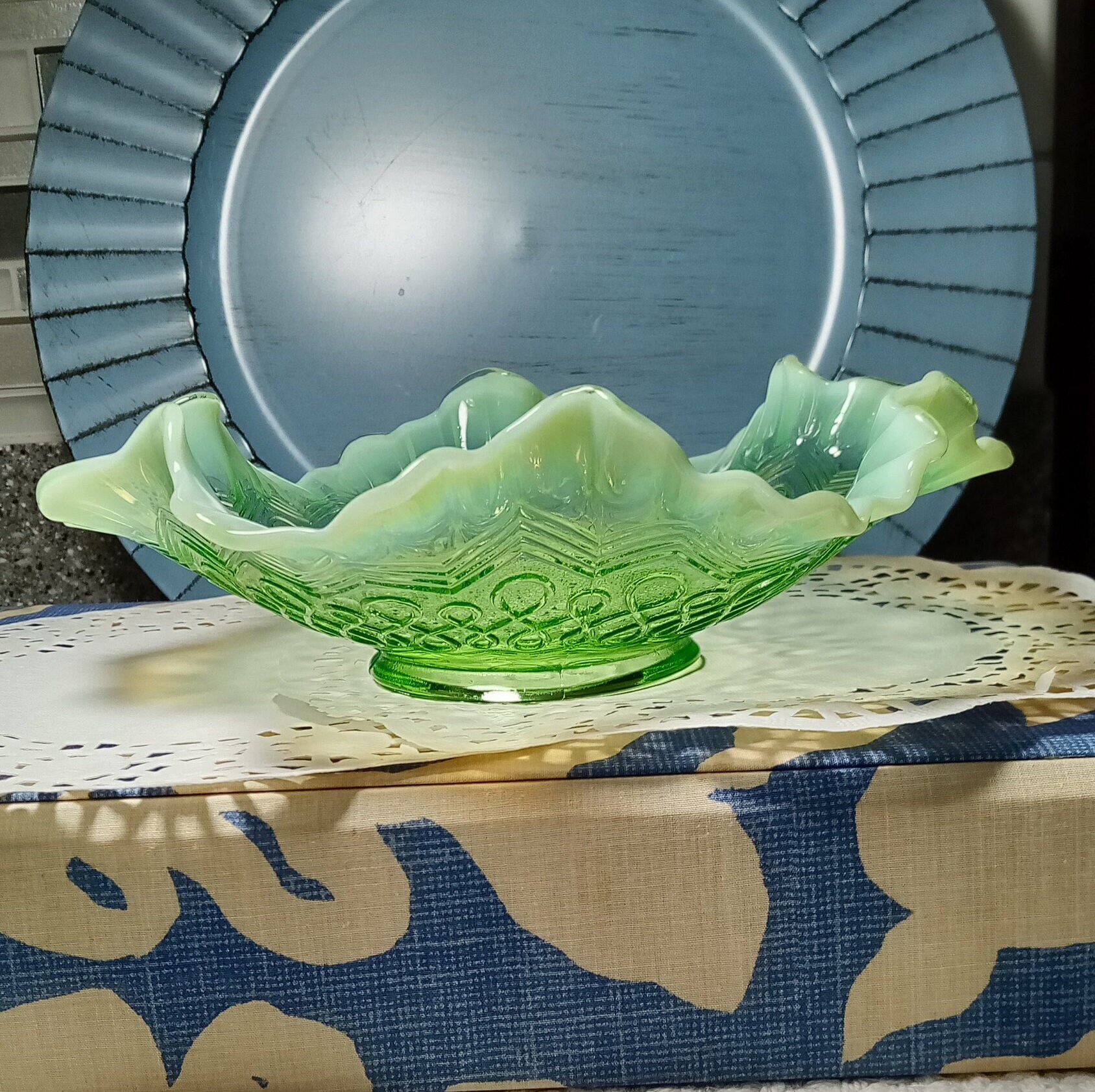 Antique Green Opalescent Glass Bowl or Candy Dish in Many Loops Pattern ...