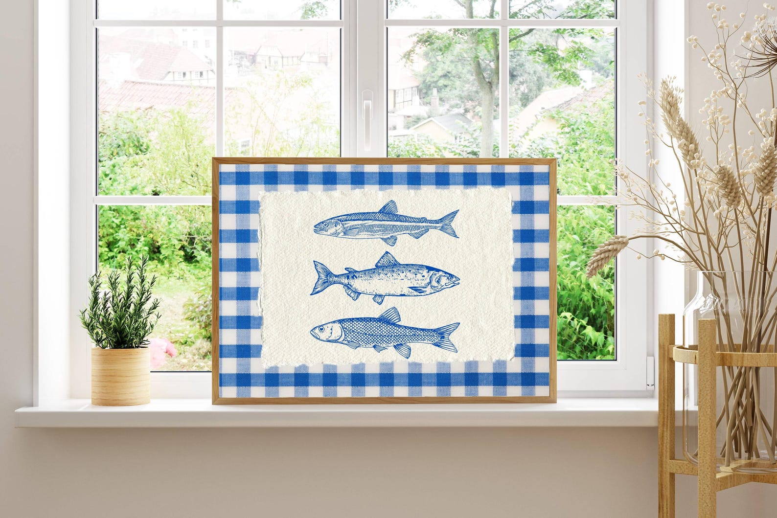 Blue Fish Print Blue Check Printable Wall Art Kitchen Decor Cottagecore ...