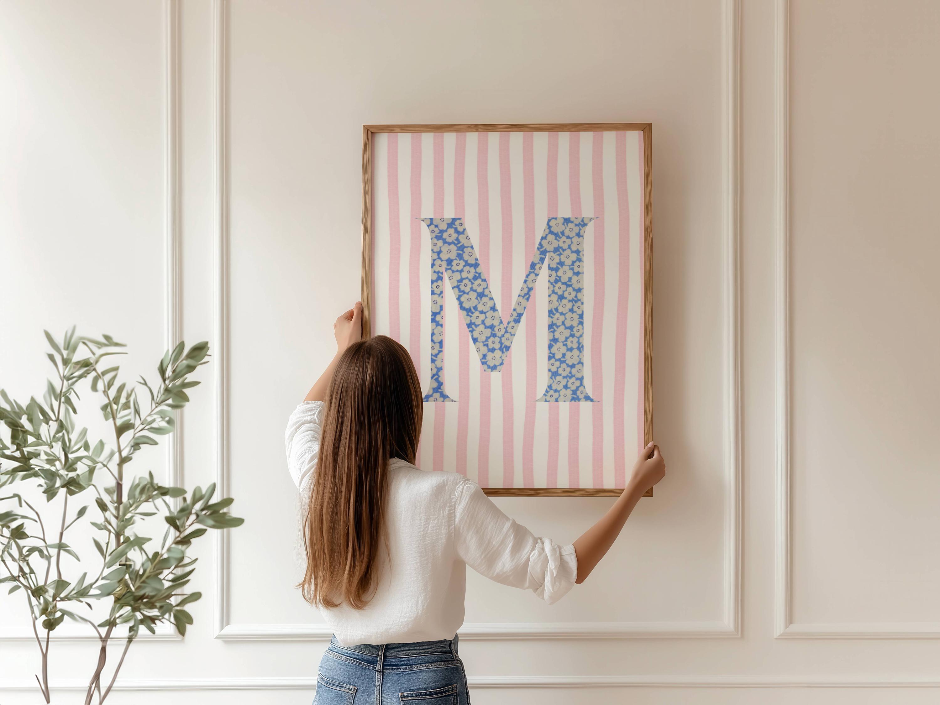 Vintage M Initial Print Floral Printable Wall Art DIGITAL DOWNLOAD Blue ...