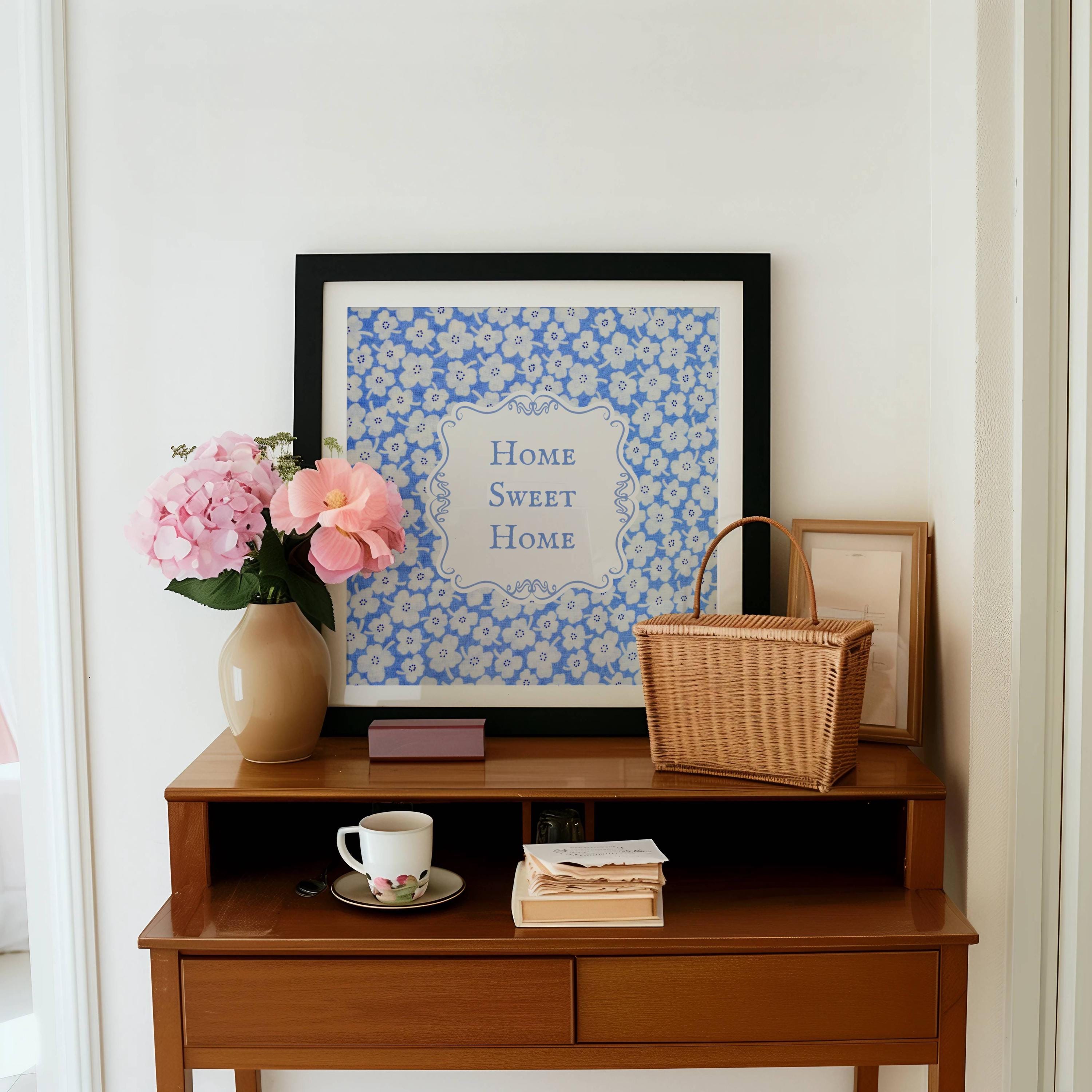 Home Sweet Homw Blue Floral Wall Art Vintage Home Decor Digital ...