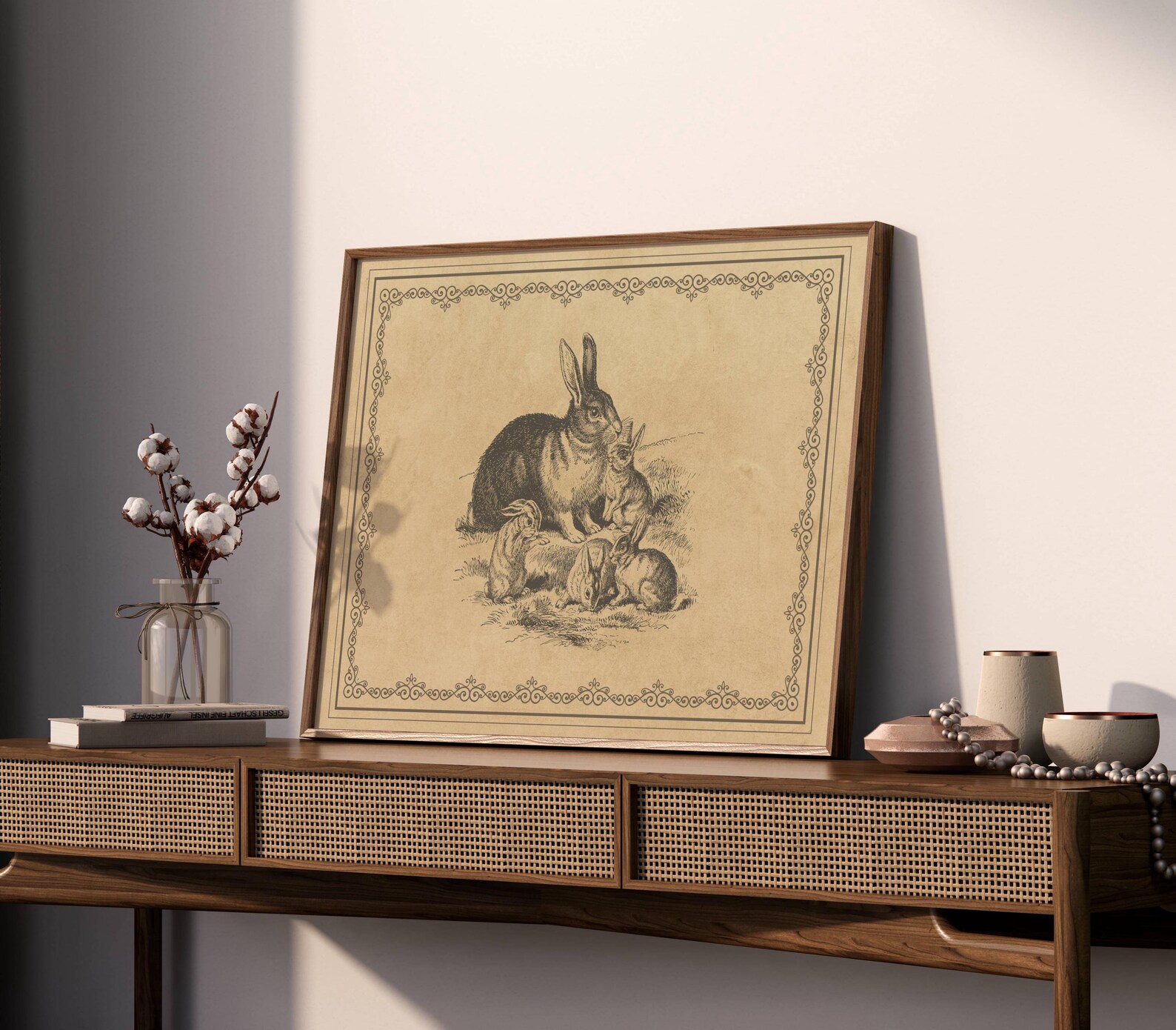 Vintage Rabbit Sketch Print Vintage Neutral Bunny Wall Art Country ...