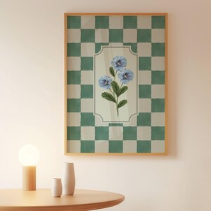 Green Check Blue Flower Print Floral Illustration Wall Art Botanical ...