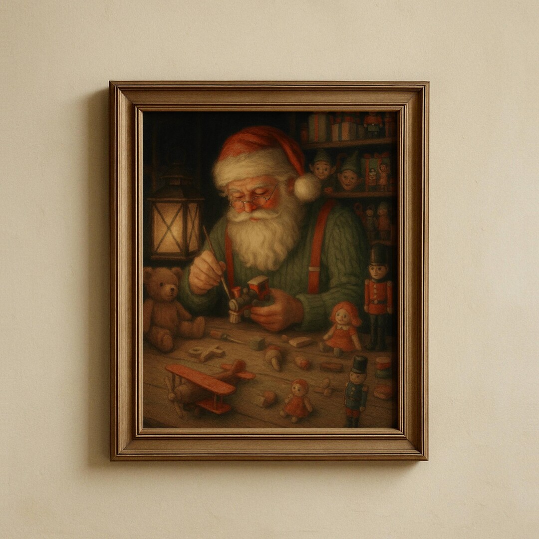 Vintage Santa Painting Art Print: Cozy Christmas Toymaker (digital ...
