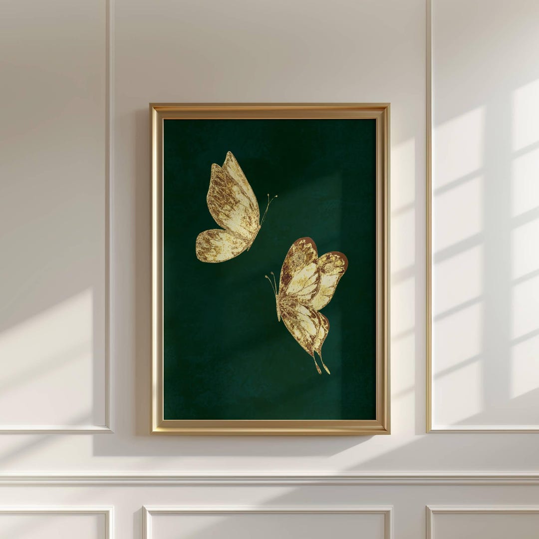 Elegant Emerald Green and Gold Butterfly Print Green and Gold Wall ...