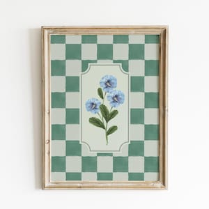 Green Check Blue Flower Print Floral Illustration Wall Art Botanical ...