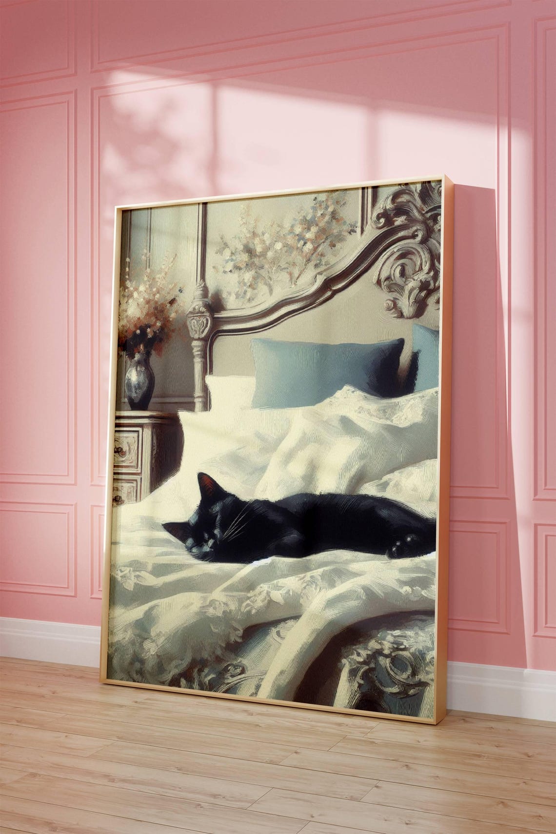 Black Cat Sleeping Painting Cat Antique Decor Vintage Cat Wall Print ...