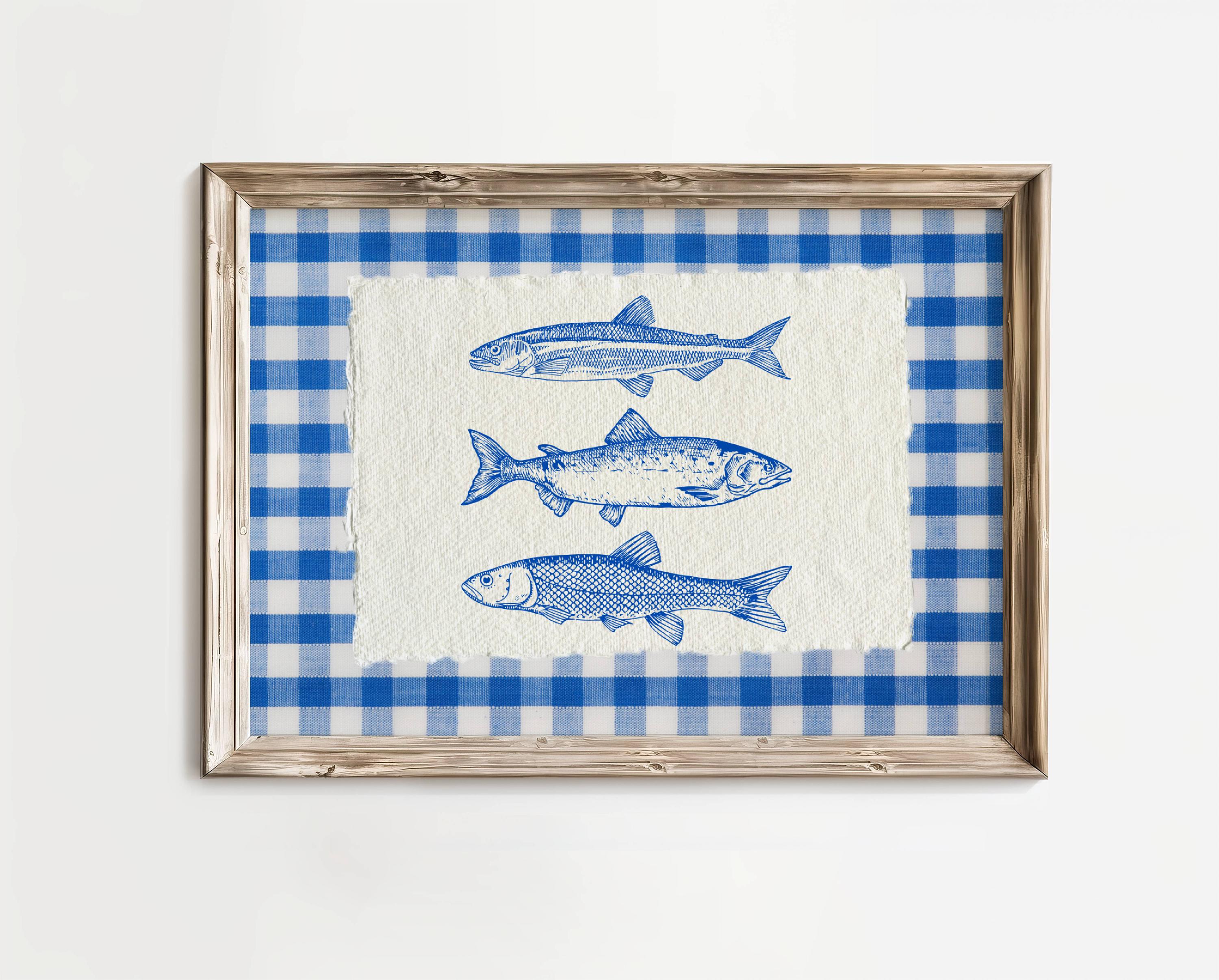 Blue Fish Print Blue Check Printable Wall Art Kitchen Decor Cottagecore ...
