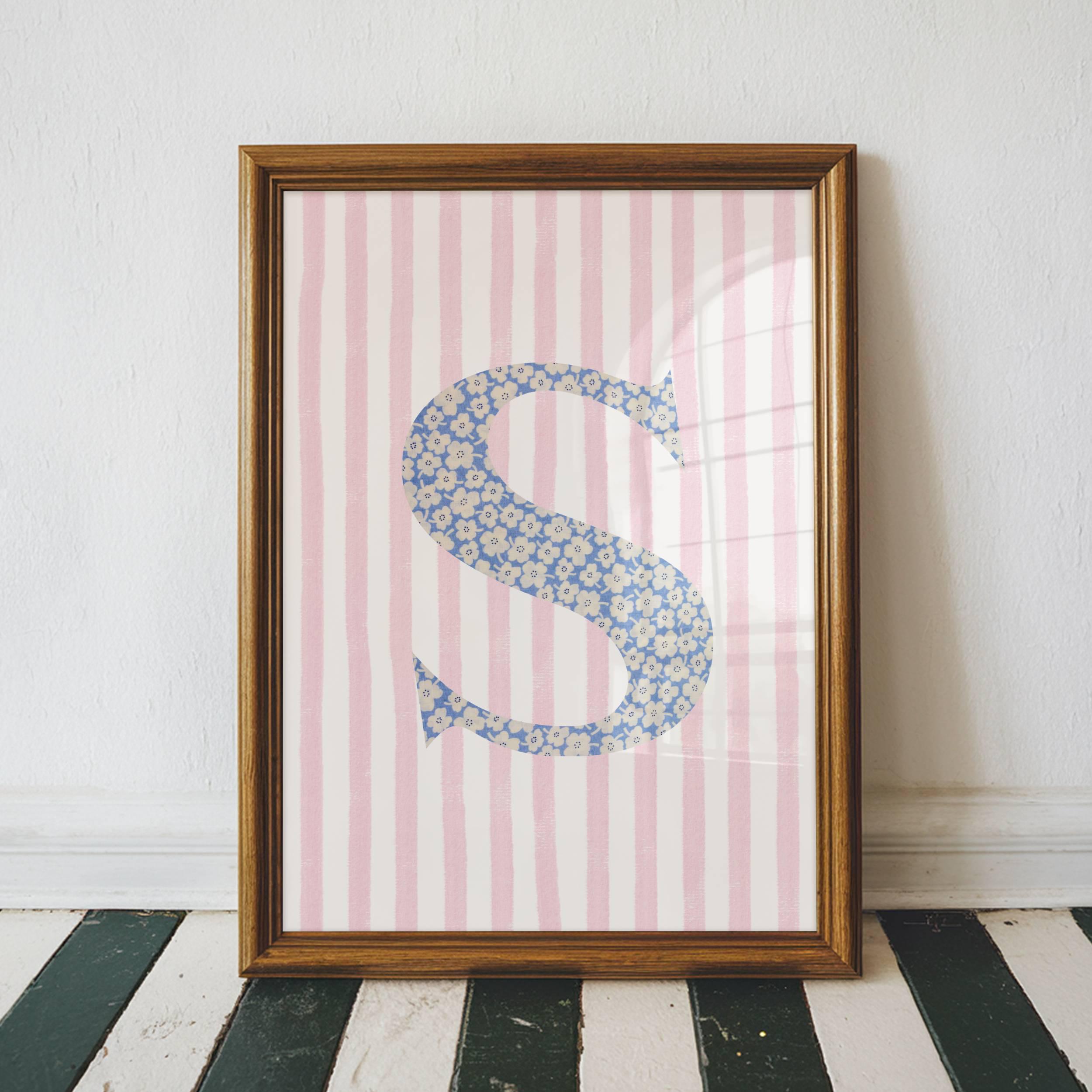 Vintage S Initial Print Floral Printable Wall Art DIGITAL DOWNLOAD Blue ...